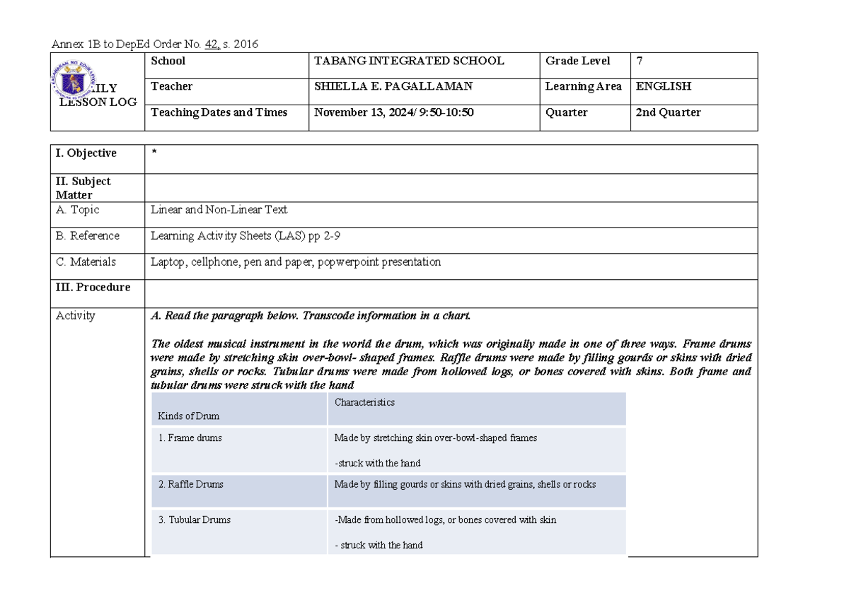 LESSON PLAN ON LINEAR AND NON-LINEAR TEXT - Annex 1B to DepEd Order No ...