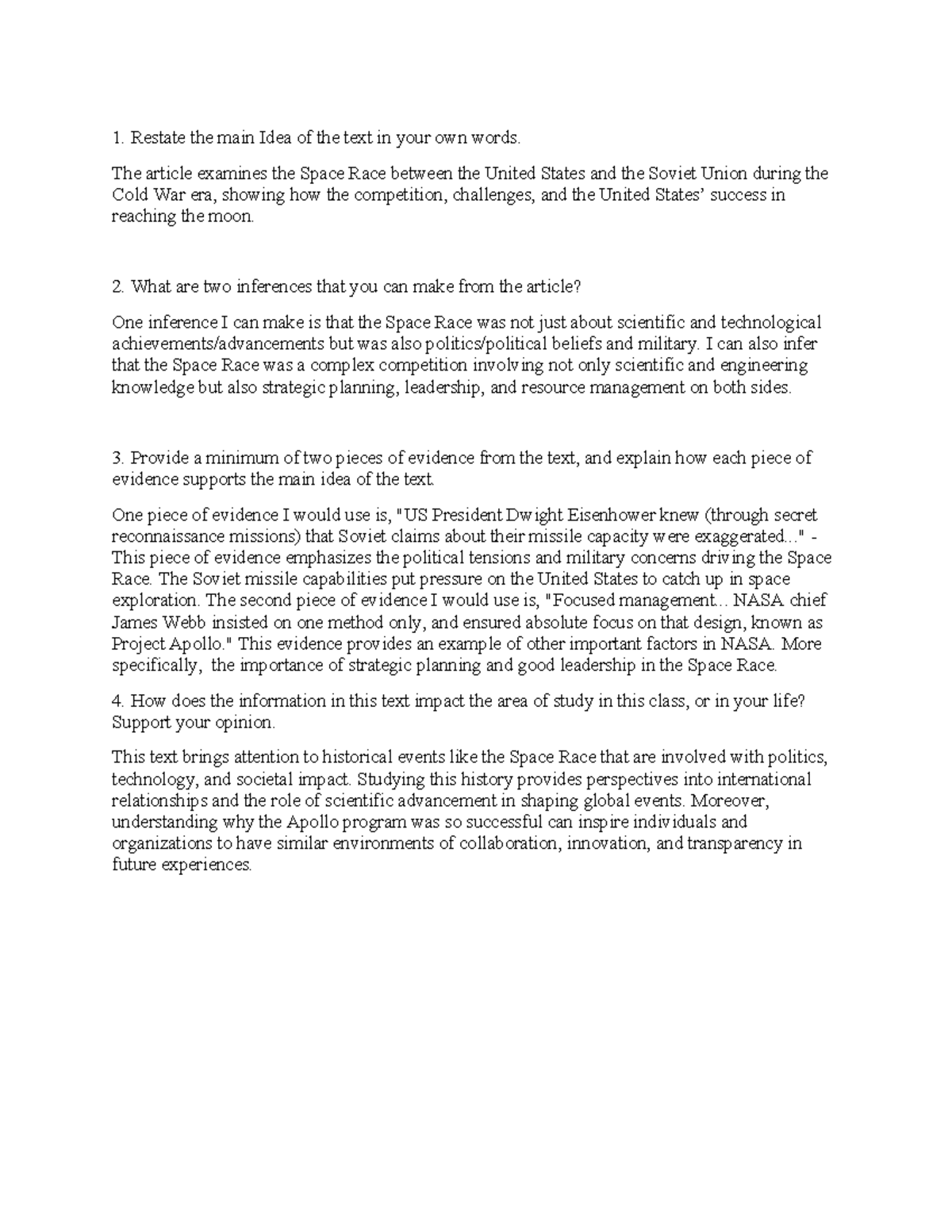 Space Race Article - Restate the main Idea of the text in your own ...