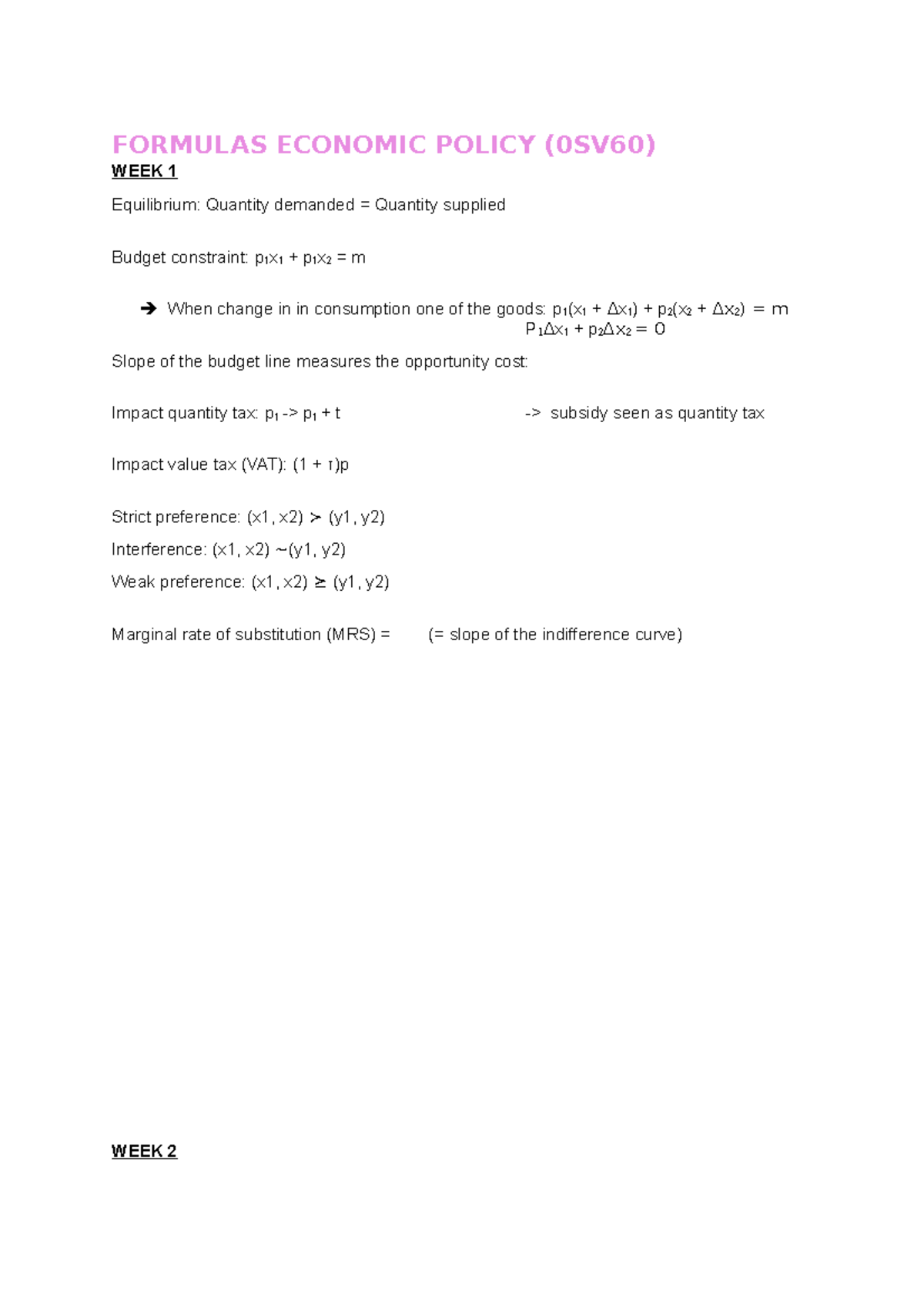 Formulas Economic Policy - FORMULAS ECONOMIC POLICY (0SV60)WEEK 1 ...