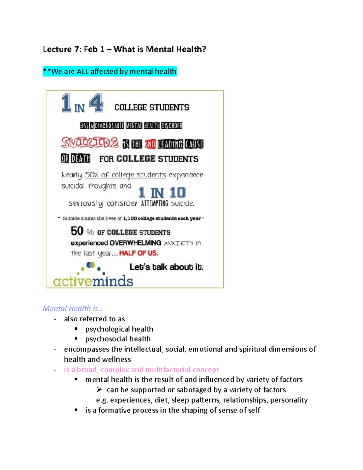 Notes for Week 4 - Lecture 7: Feb 1 – What is Mental Health? **We are ...