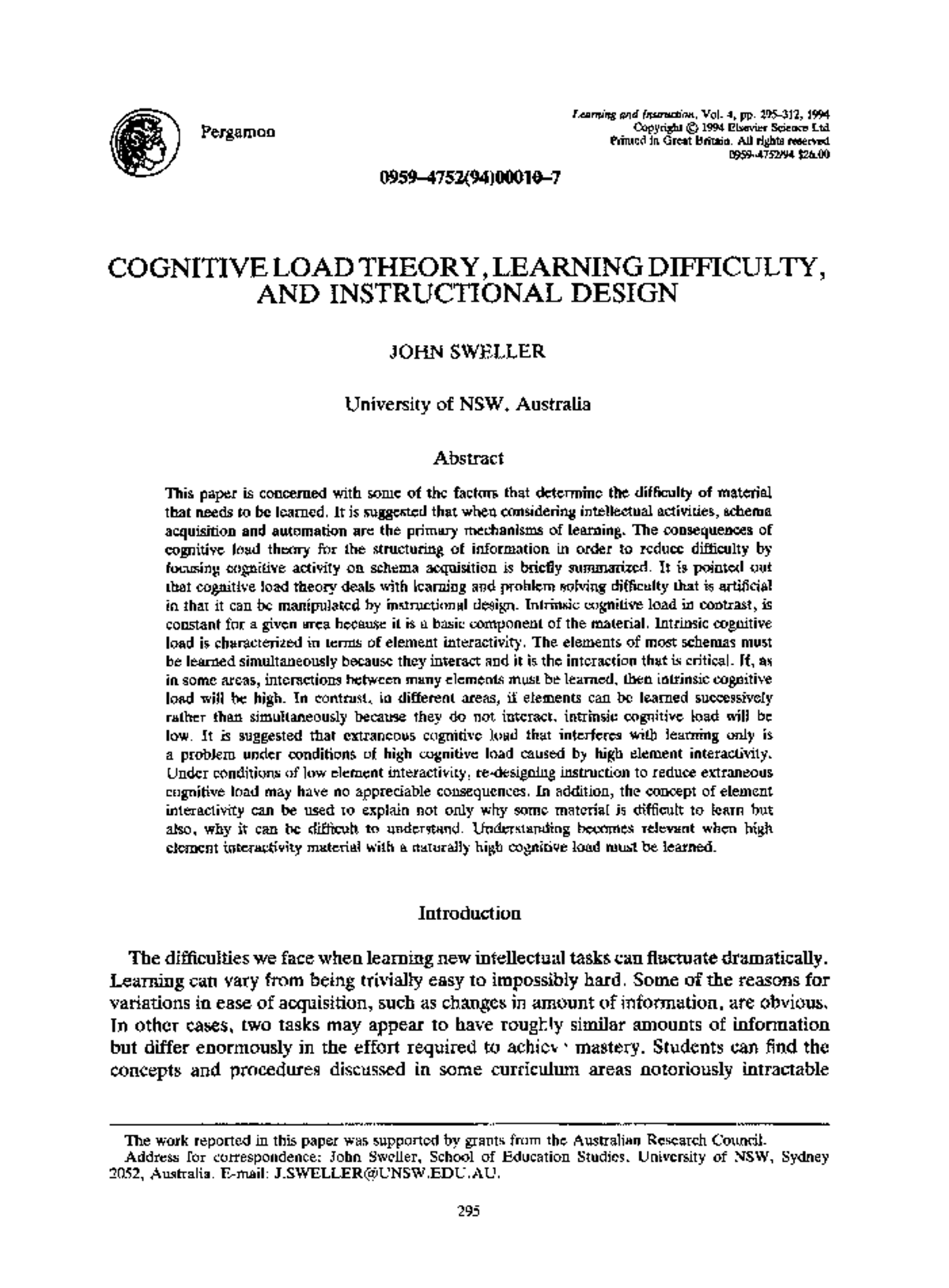 Cognitive load theory, learning difficulty, and instructional design ...
