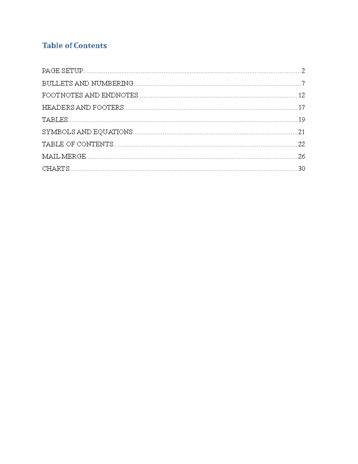 Microsoft Word Training - Table of Contents PAGE - Studocu