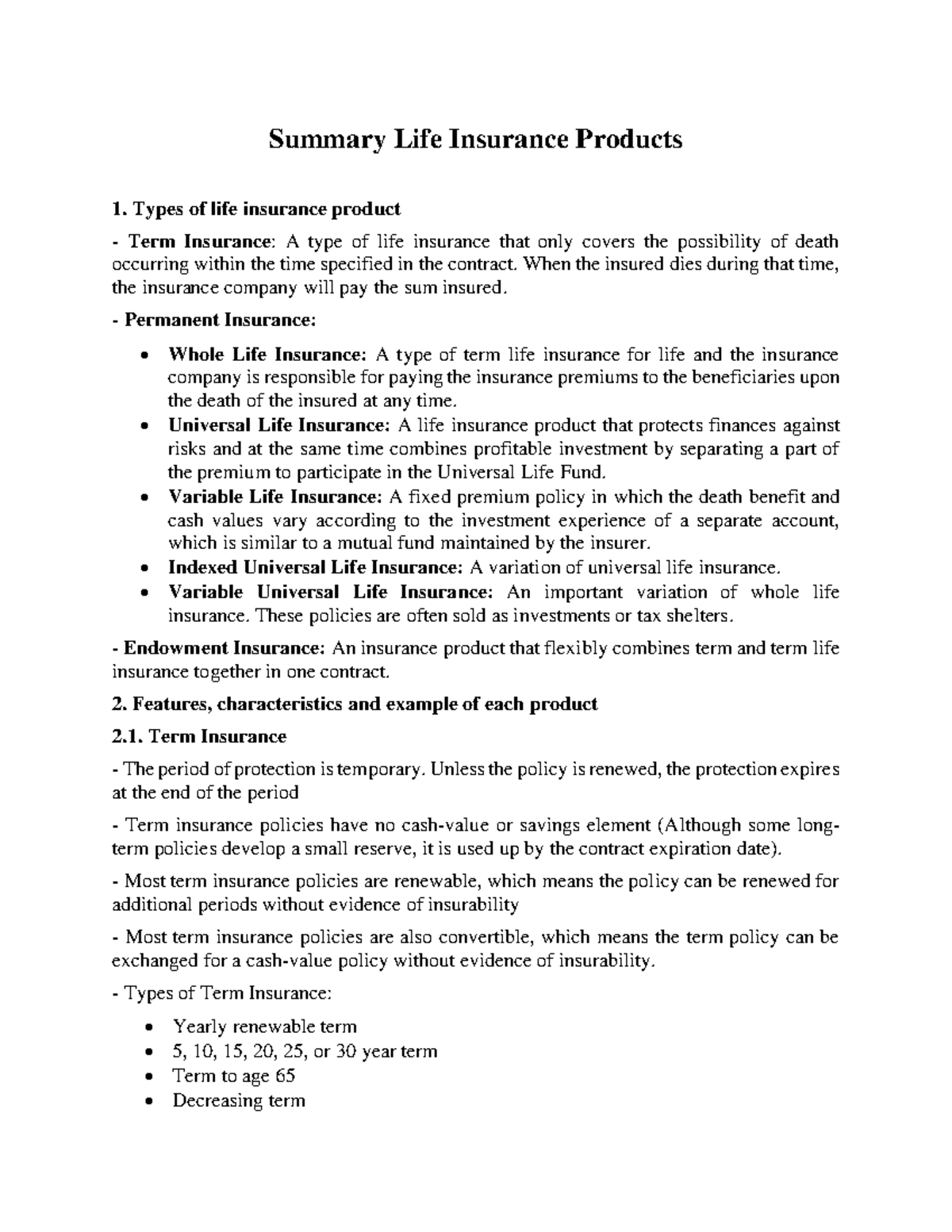 11207312 Lê Bảo Trung Summary Life Insurance Products - Summary Life ...