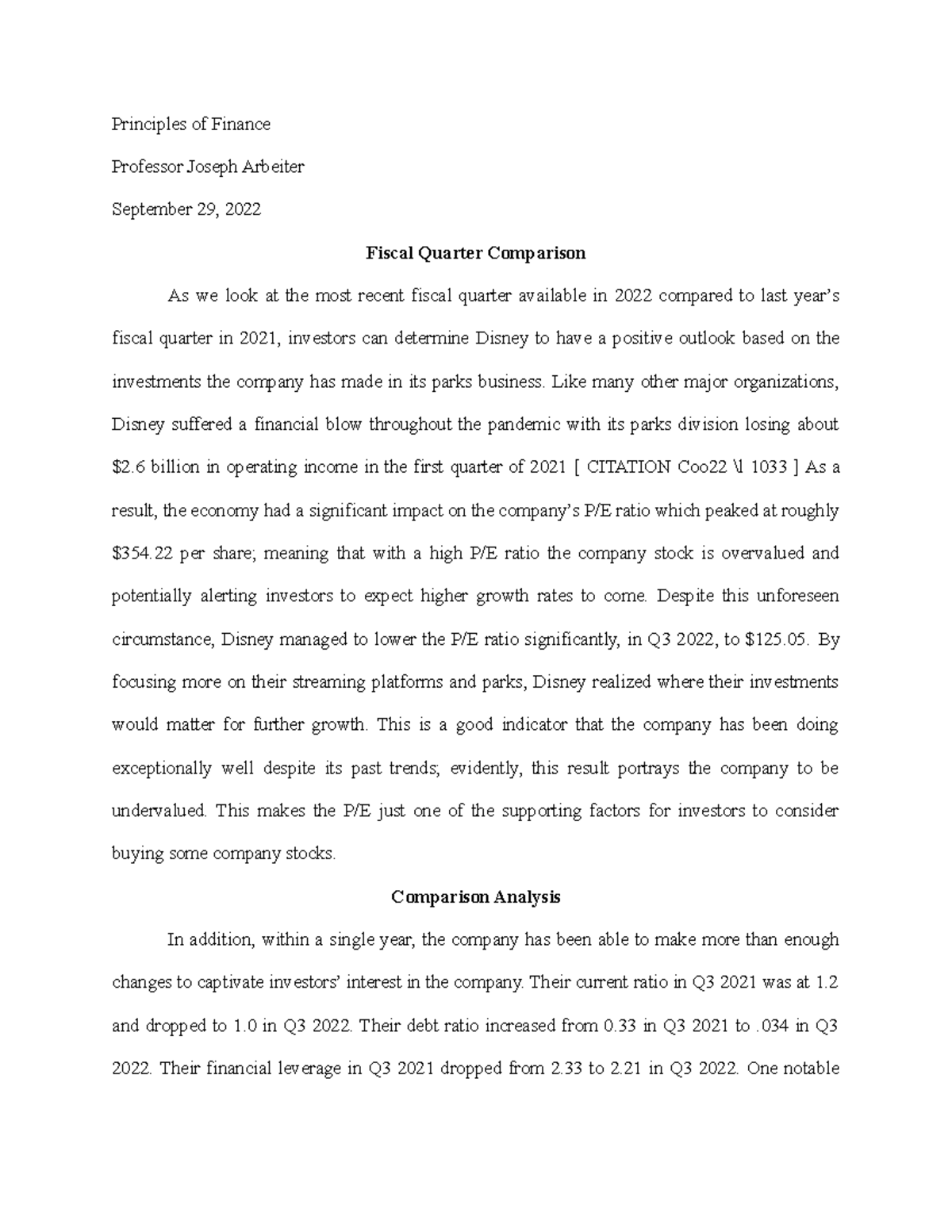 Principlesof Finan Comparisonanalysis - Principles of Finance Professor ...