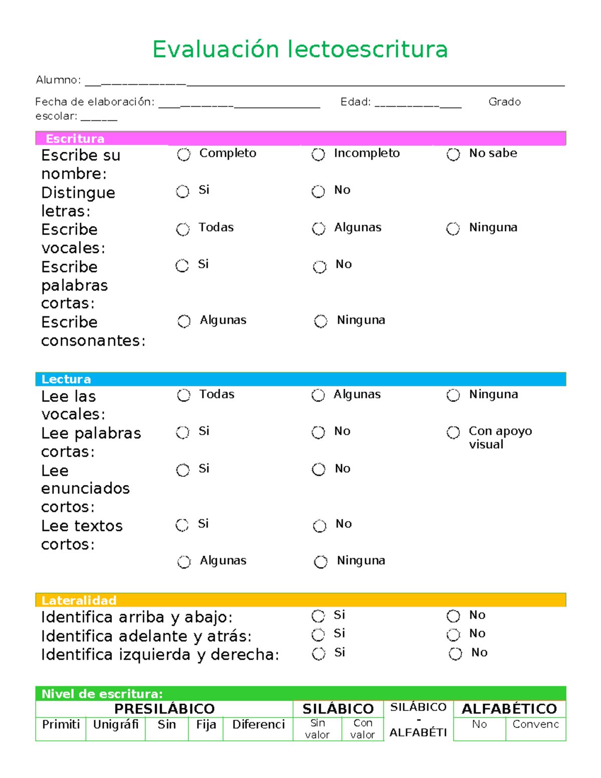 Evaluación lectoescritura - Evaluación lectoescritura Alumno: - Studocu