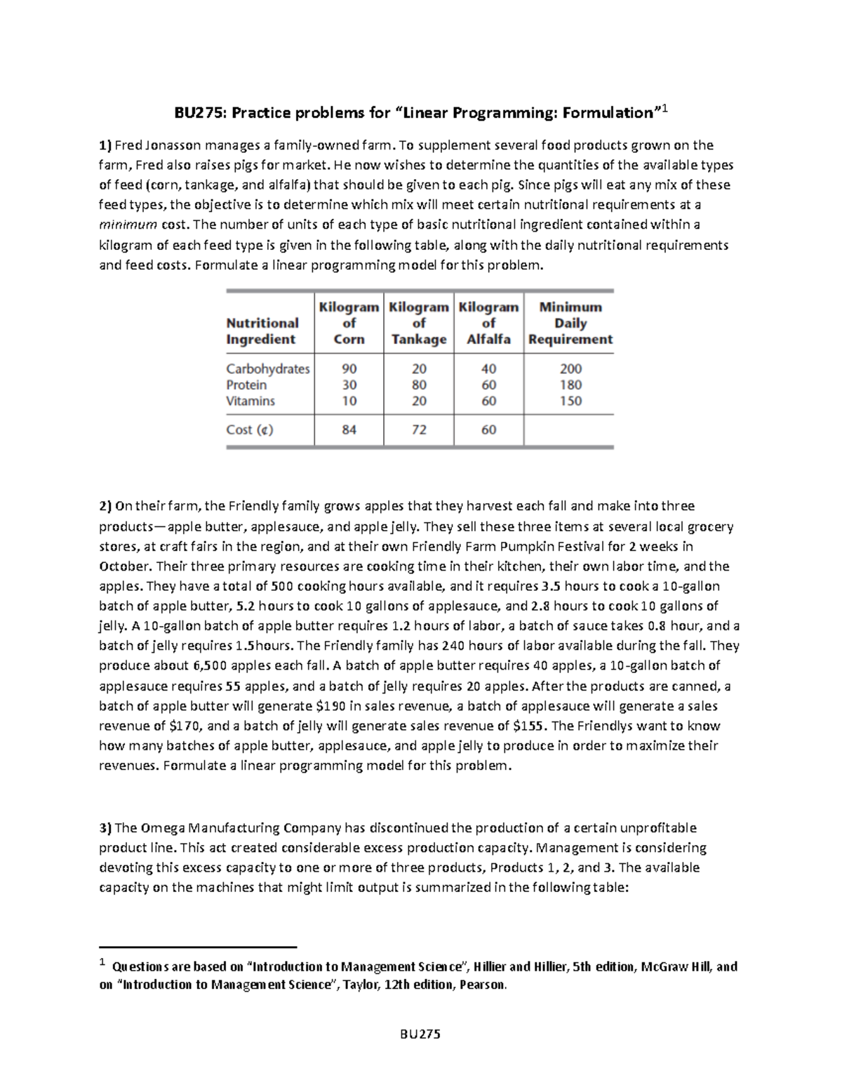 Problems LP Formulation - BU275: Practice problems for “Linear Programming: Formulation” 1 1 ...