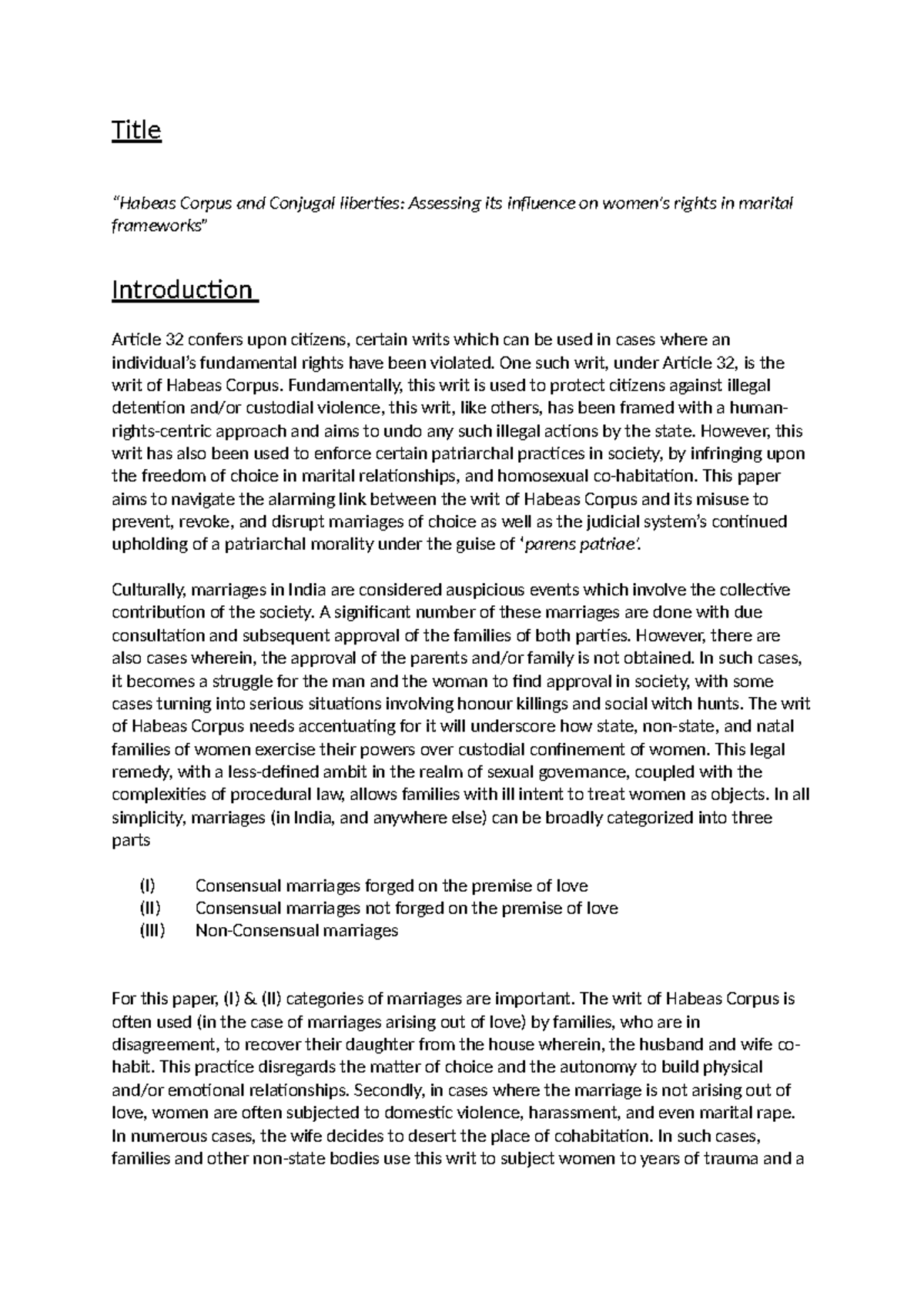 Kashvi Gupta's Synopsis - Title “Habeas Corpus and Conjugal liberties ...