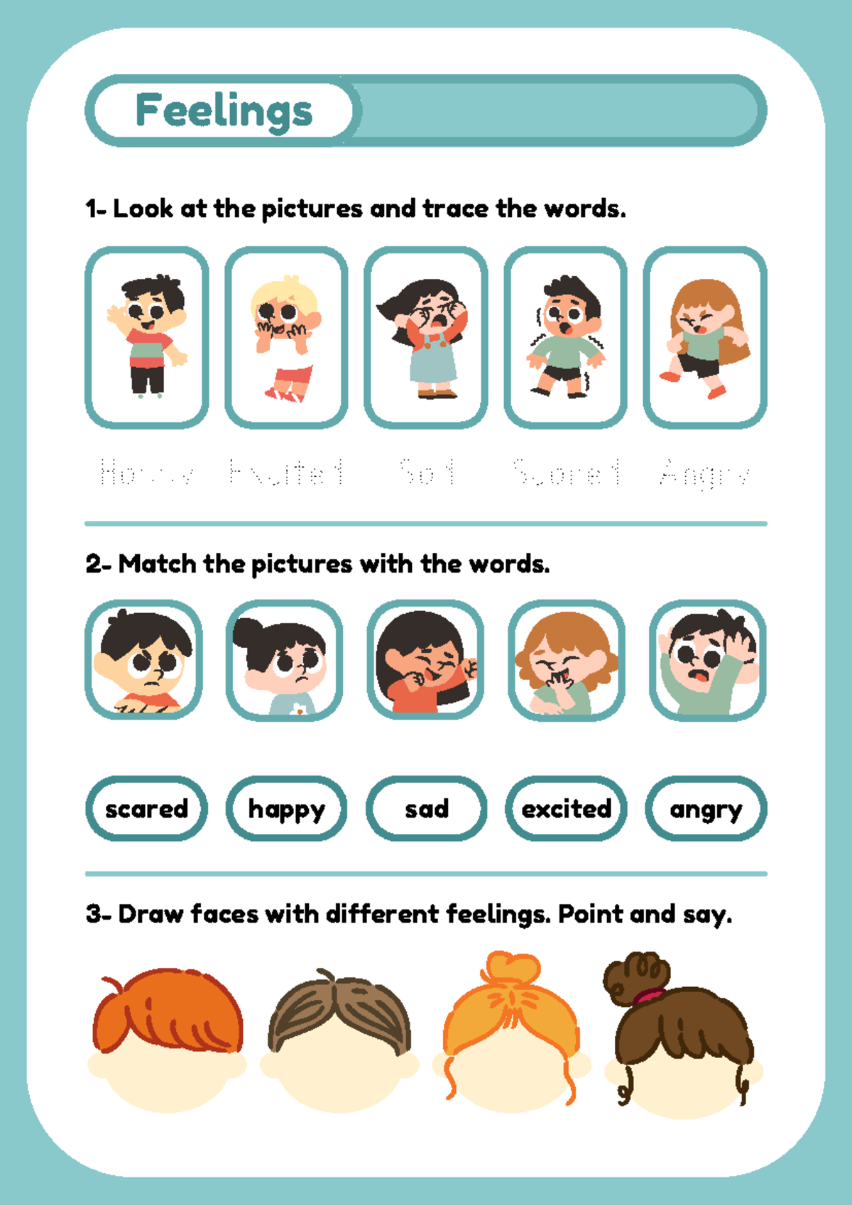 Worksheet - ửokshet - Feelings 1- Look at the pictures and trace the ...