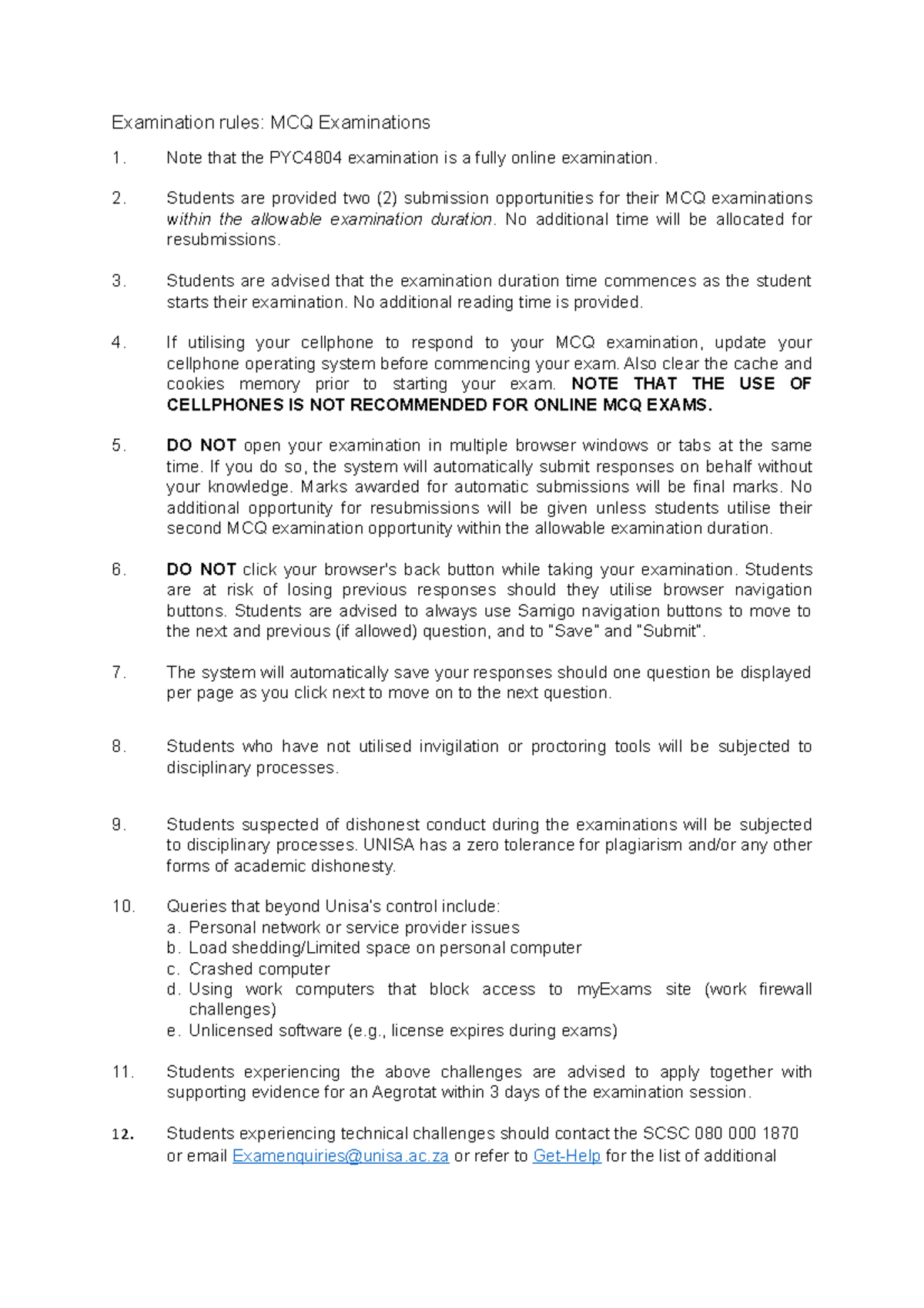 Examination rules MCQ exams - Examination rules: MCQ Examinations Note ...