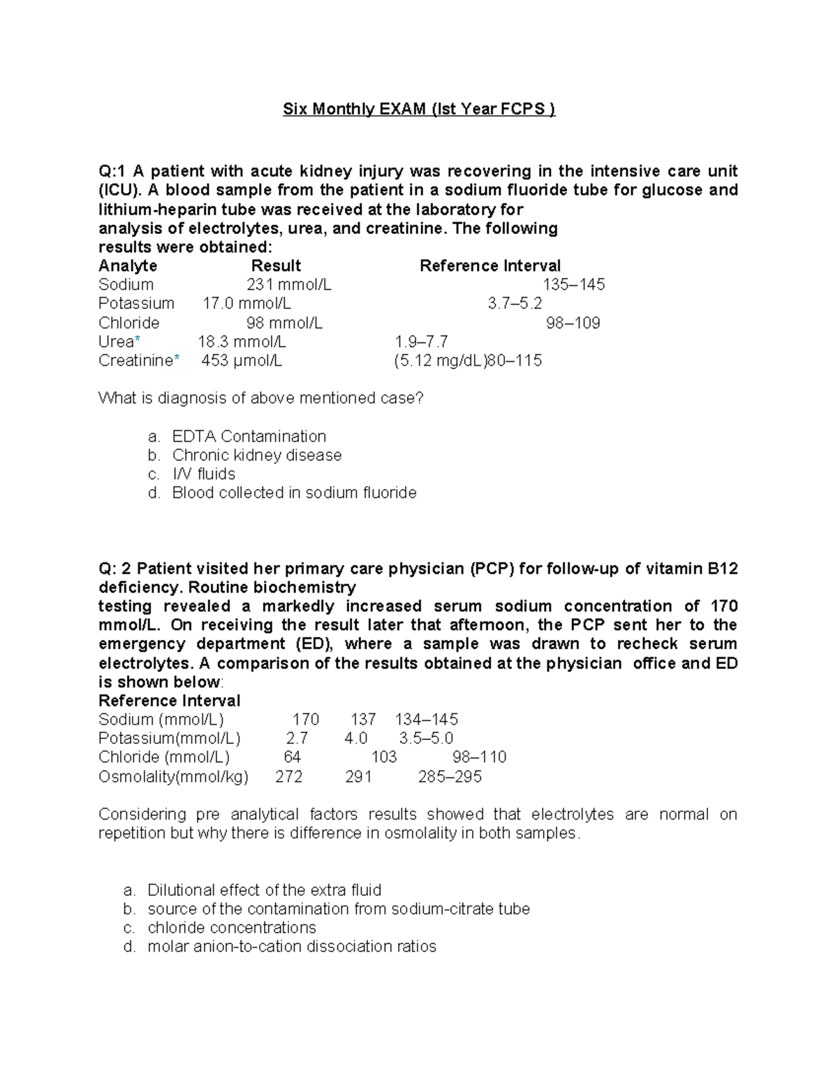 F INAL Six Monthly EXAM - Six Monthly EXAM (Ist Year FCPS ) Q:1 A ...