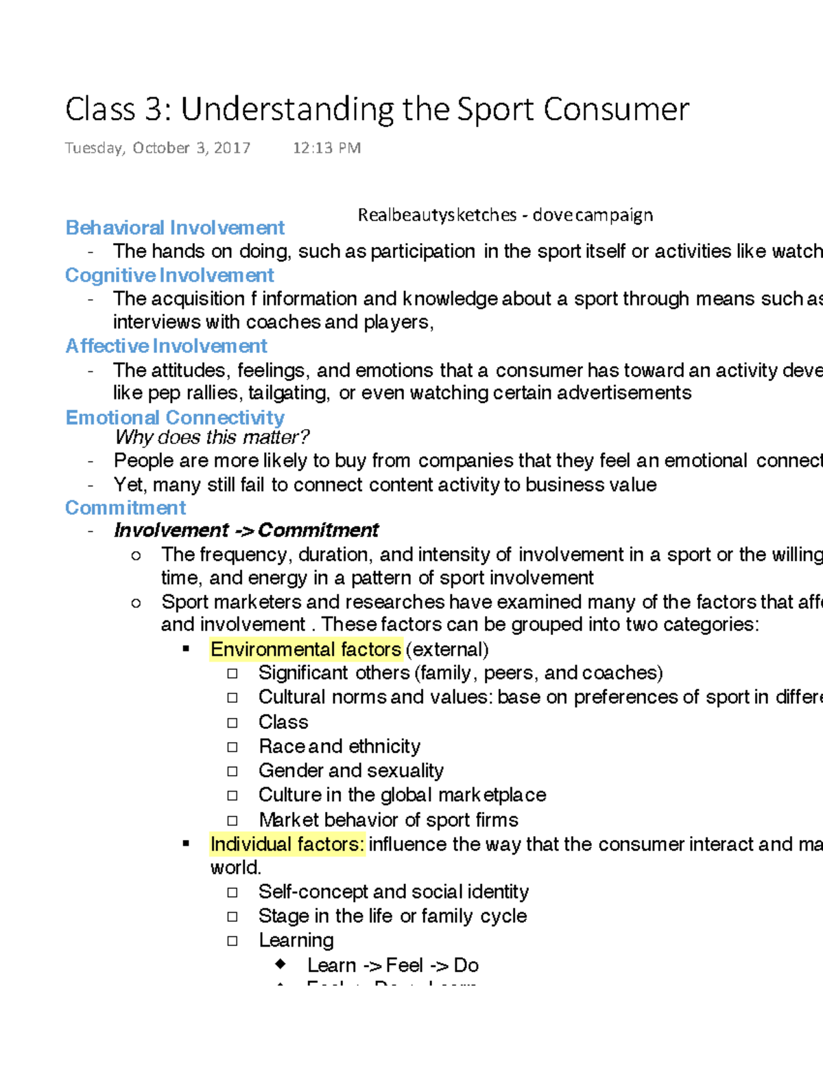 Class 4 Understanding the Sport Consumer - Class 3: Understanding the ...