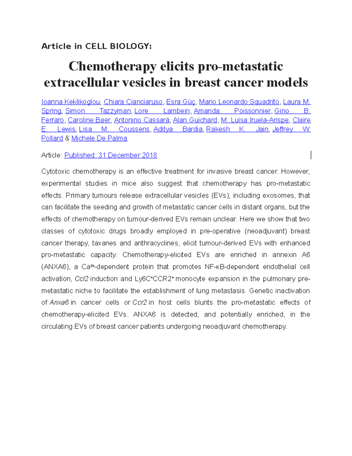 Article in CELL Biology - Article in CELL BIOLOGY: Chemotherapy elicits ...