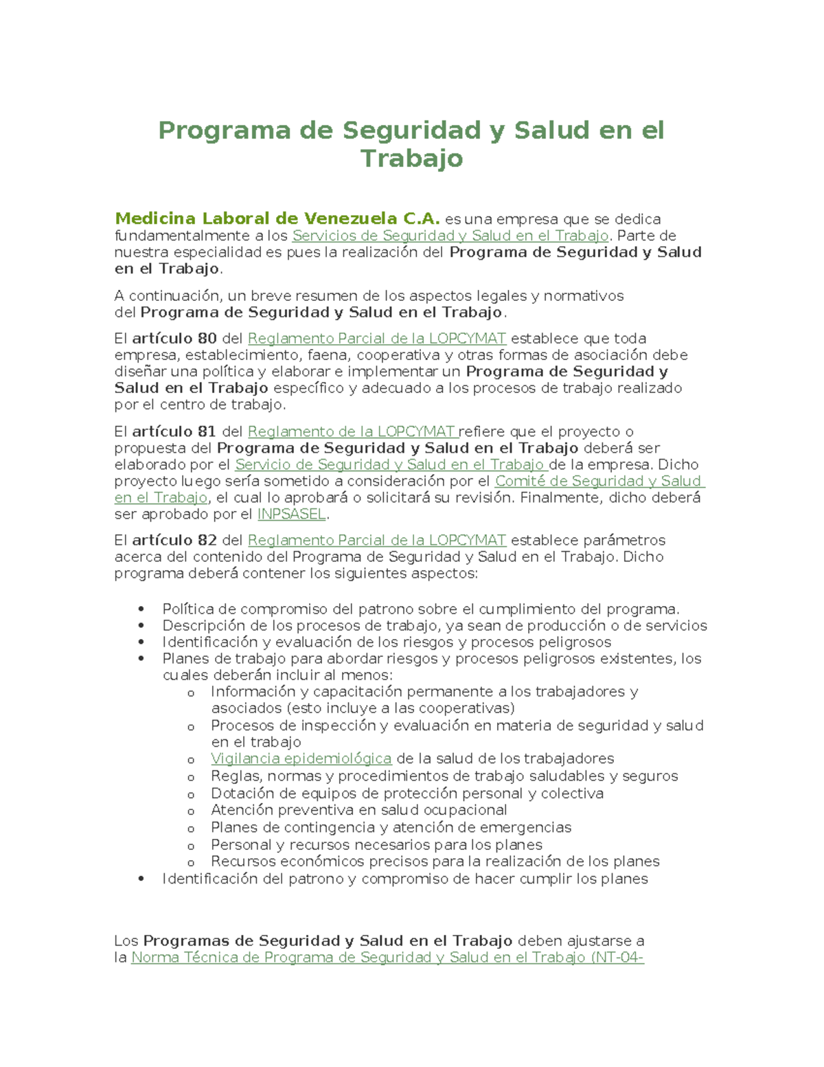 Programa de Seguridad y Salud en el Trabajo - Programa de Seguridad y Salud en el Trabajo ...