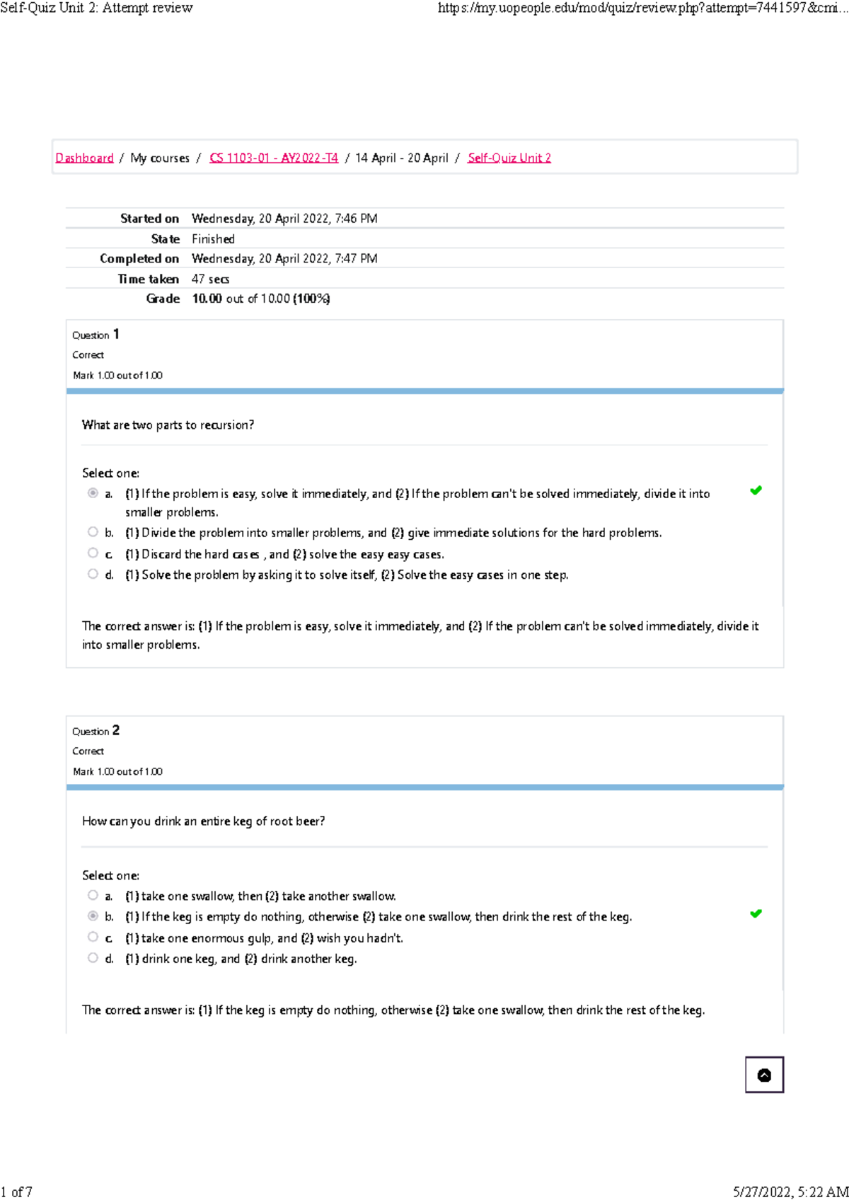 Self-Quiz unit 2 - This is the Self-Quiz of unit 2 solved- programming 2 CS 1103 AY2022 T4 ...