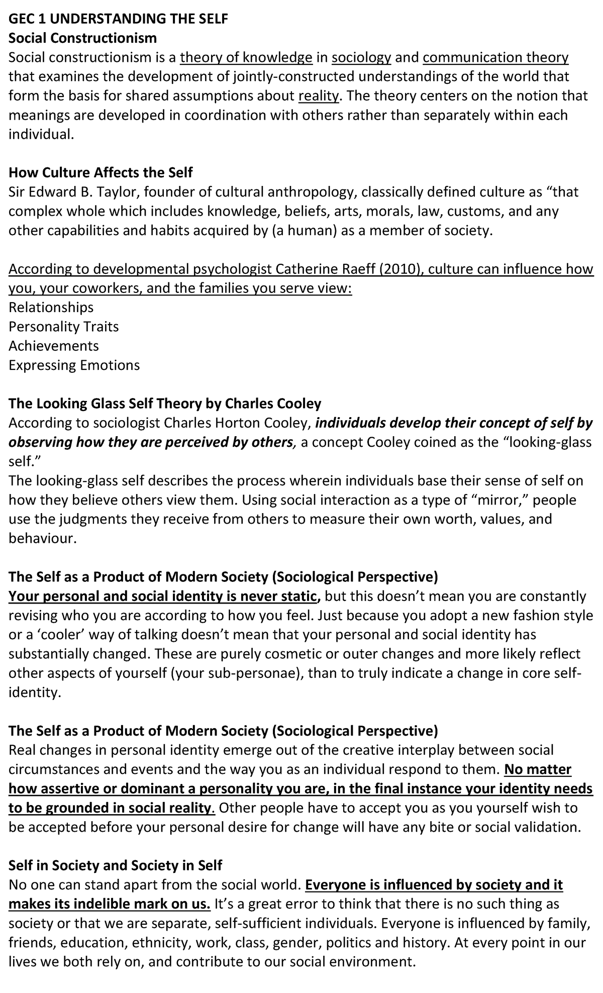 GEC 1 reviewver - midtern reviewer - GEC 1 UNDERSTANDING THE SELF Social Constructionism Social ...