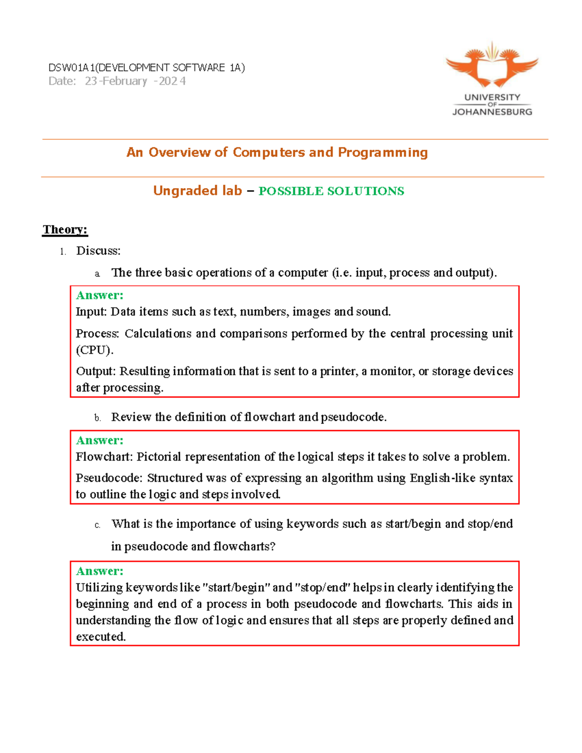 DSW01A1 Ungraded Lab 1 - MEMO - An Overview of Computers and ...