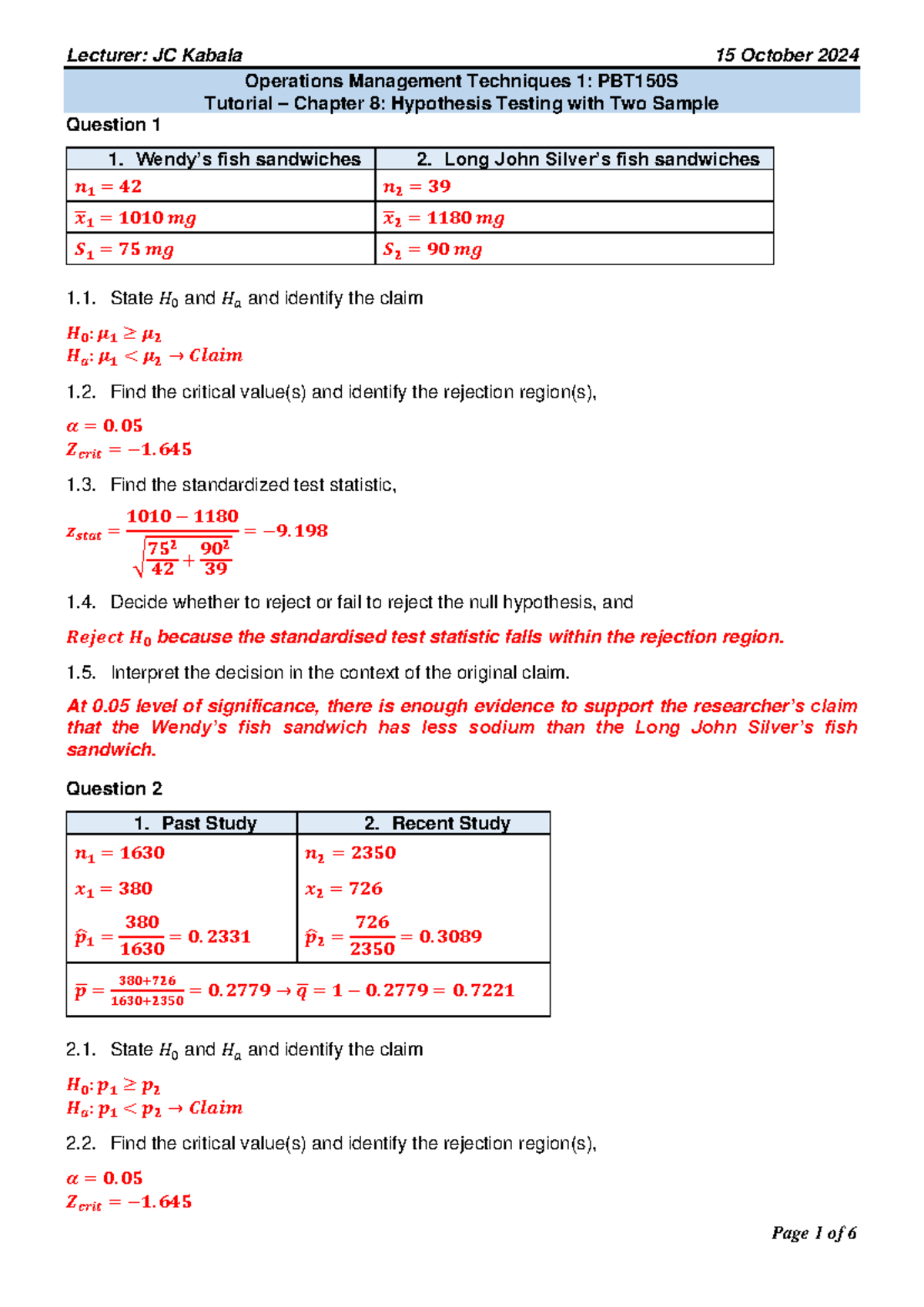 PBT150S Tutorial Chapter 8 2024-MEMO - Operations Management Techniques 1: PBT150S Tutorial ...