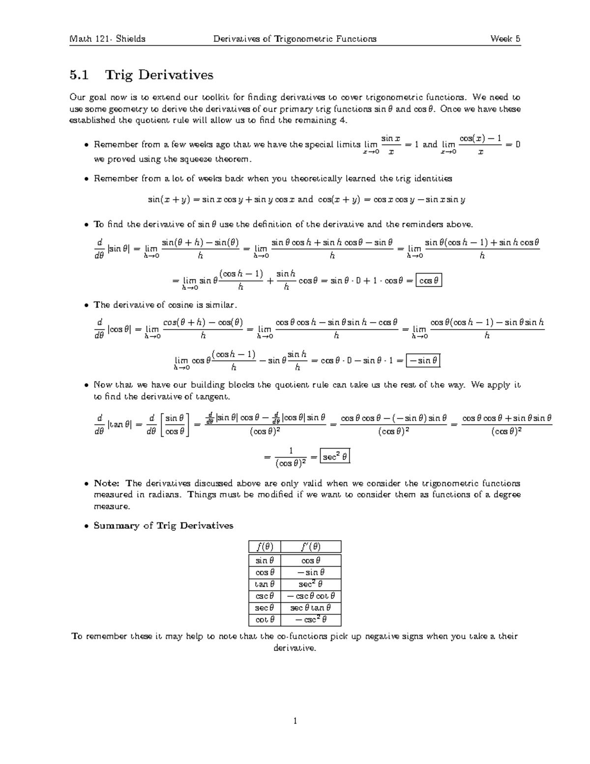 Trig Derivatives - Summary Introduction to Calculus - Math 121- Shields ...