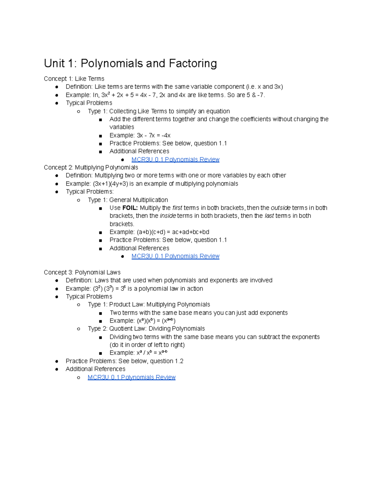 MCR3U1 Notes - Unit 1: Polynomials and Factoring Concept 1: Like Terms ...