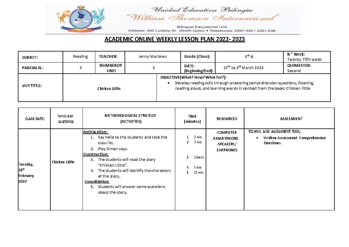 3rd B reading - thrt - ACADEMIC ONLINE WEEKLY LESSON PLAN 2022- 2023 ...