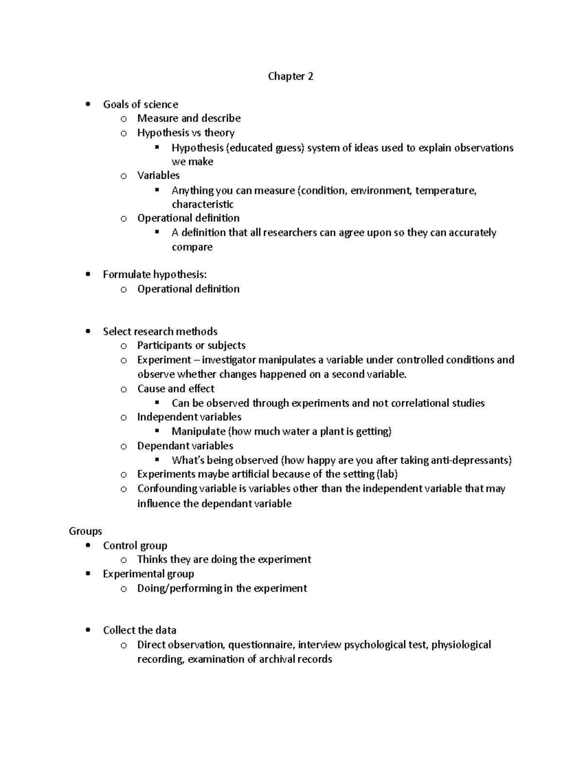 Chapter 2 - Students notes from lecture - Chapter 2 Goals of science o ...
