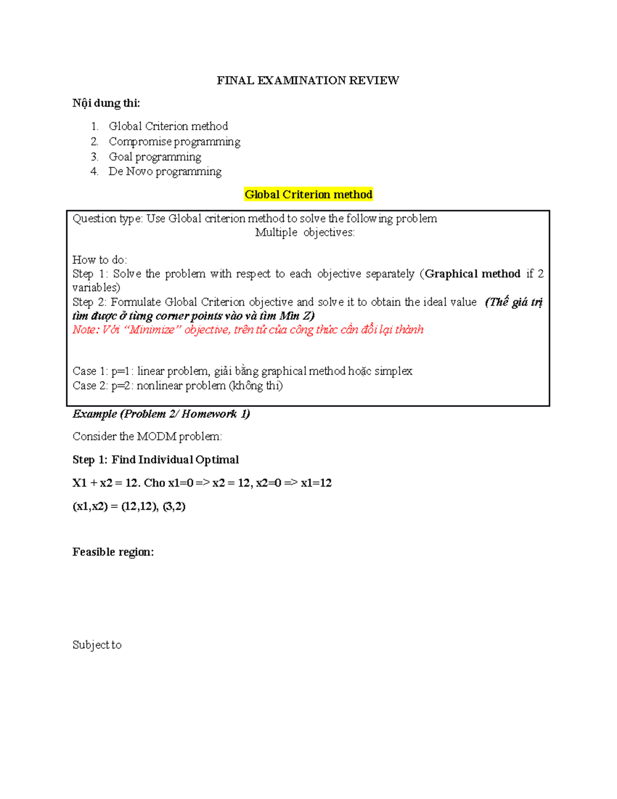 Final exam review - FINAL EXAMINATION REVIEW Nội dung thi: Global ...