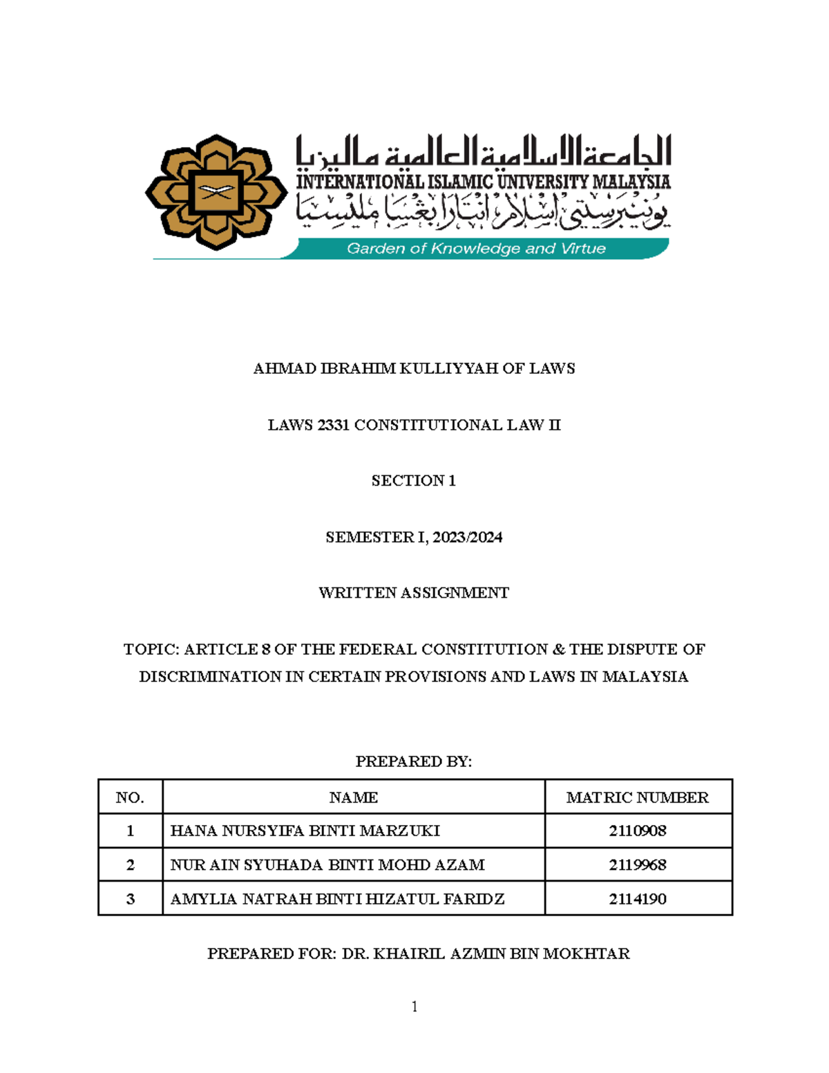 Article 8 Of The Fc And Dispute Of Discrimination In Certain Provisions In Malaysia Ahmad 