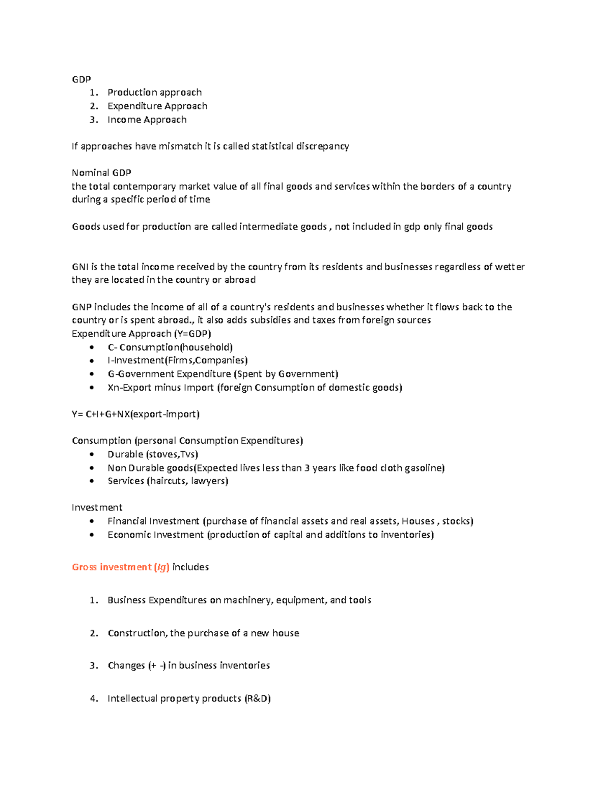 Notes for economics - GDP Production approach Expenditure Approach ...