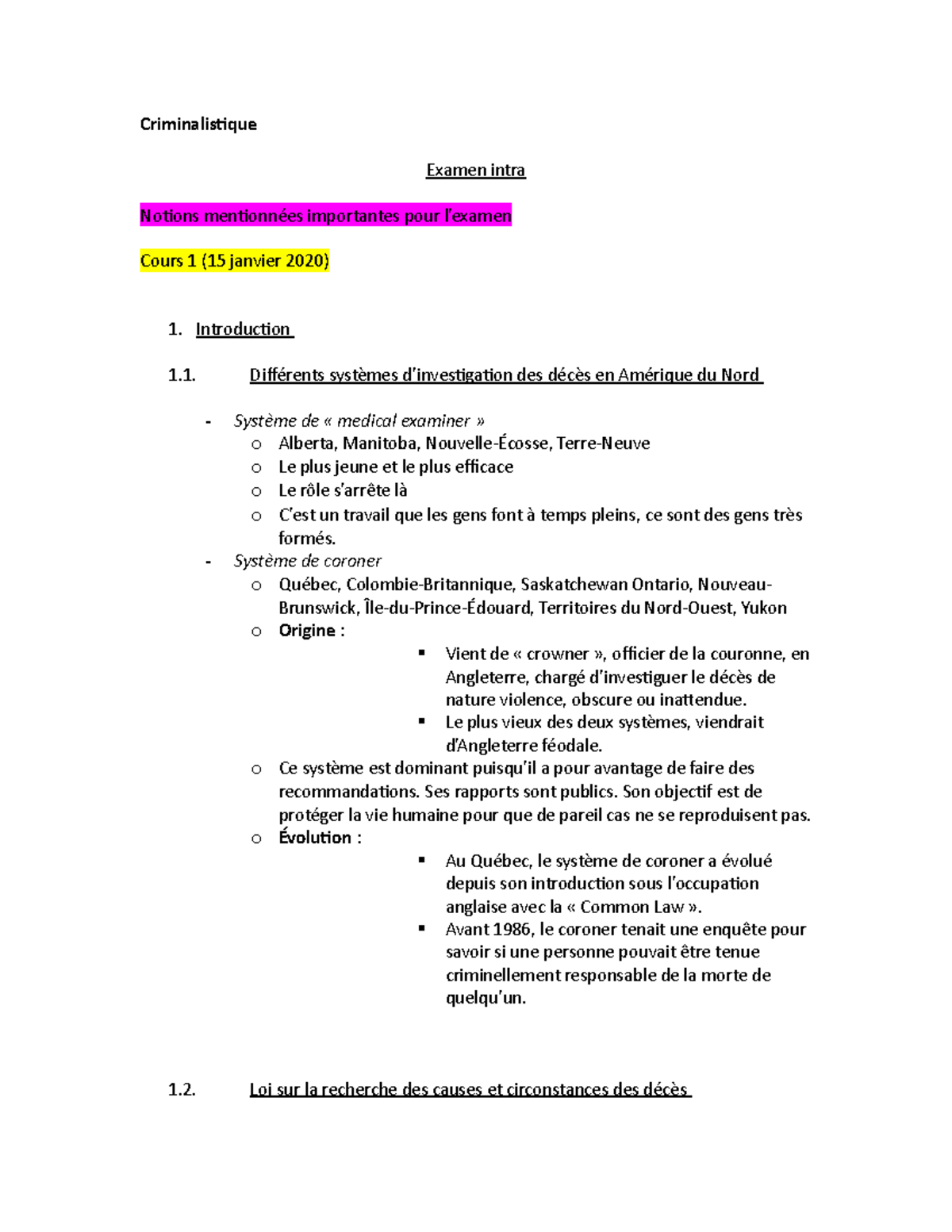 Notes de cours SIP3050 UdeM - 2019-2020 - Criminalistique Examen intra ...