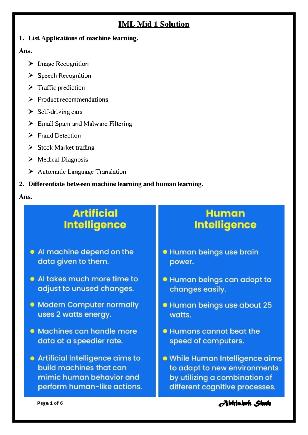 IML Mid 1 Solution - Page 1 of 6 Abhishek Shah IML Mid 1 Solution 1. List Applications of ...
