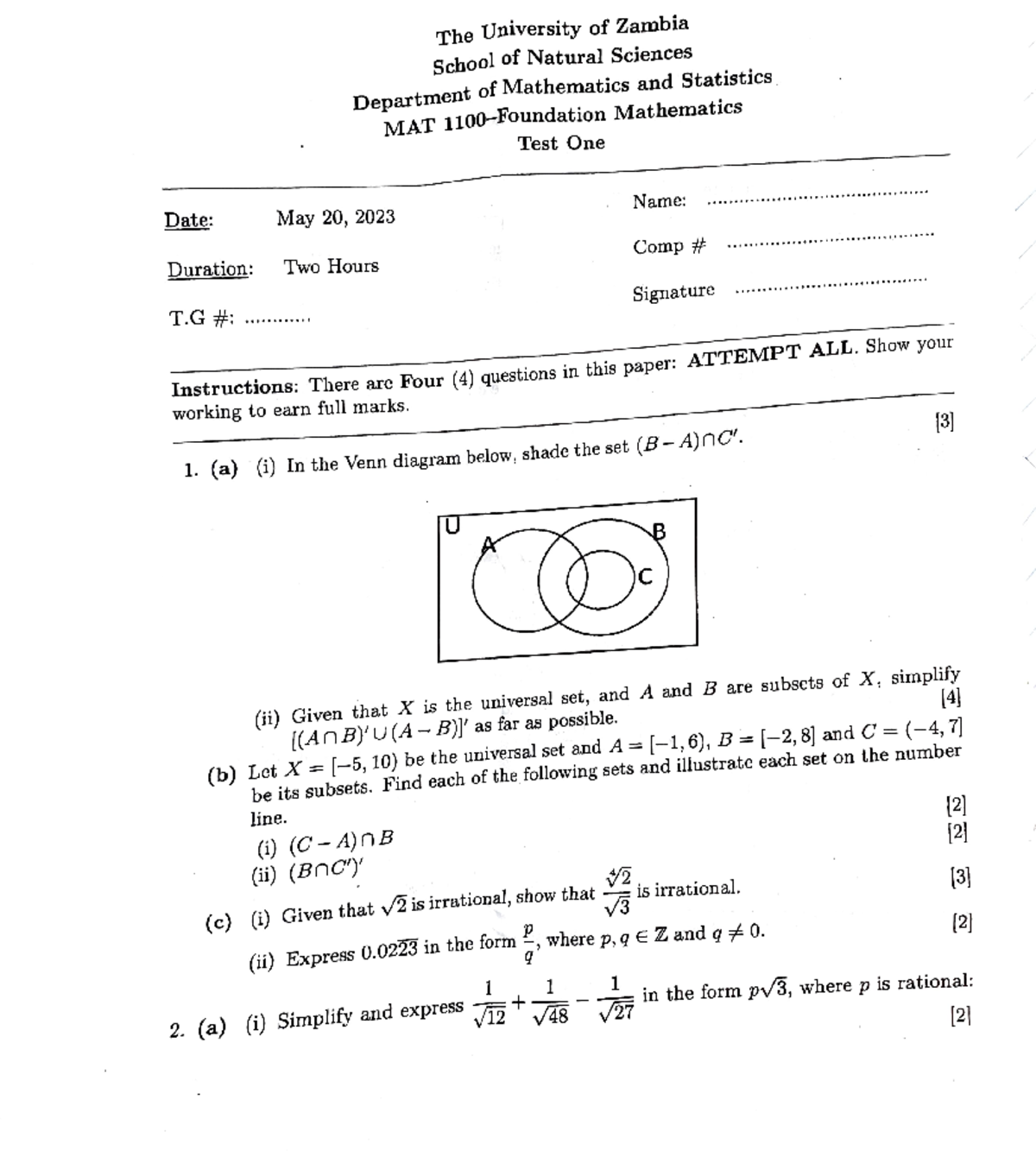 Math test 1 2023 - Date: Duration: T#: School of Natural Sciences ...