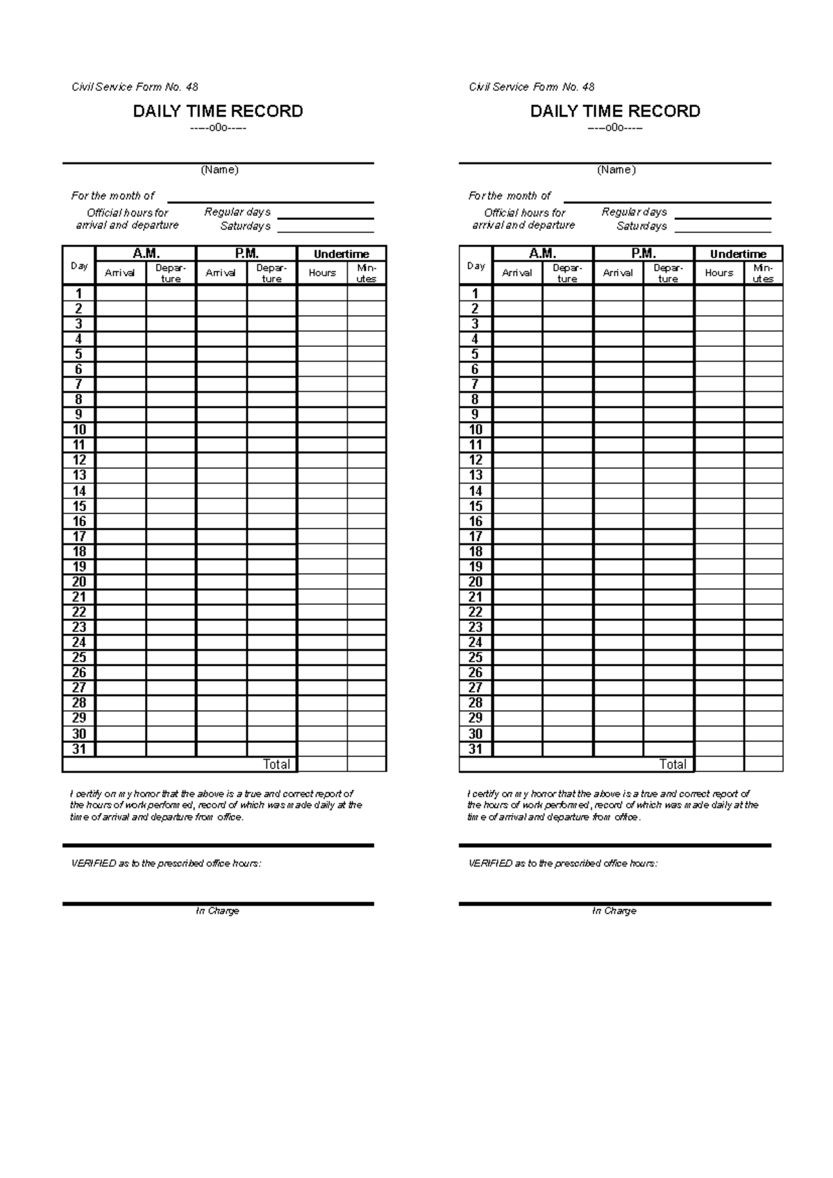 Appendix 24 - Daily Time Record (DTR) - Civil Service Form No. 48 DAILY TIME RECORD -o0o- (Name ...
