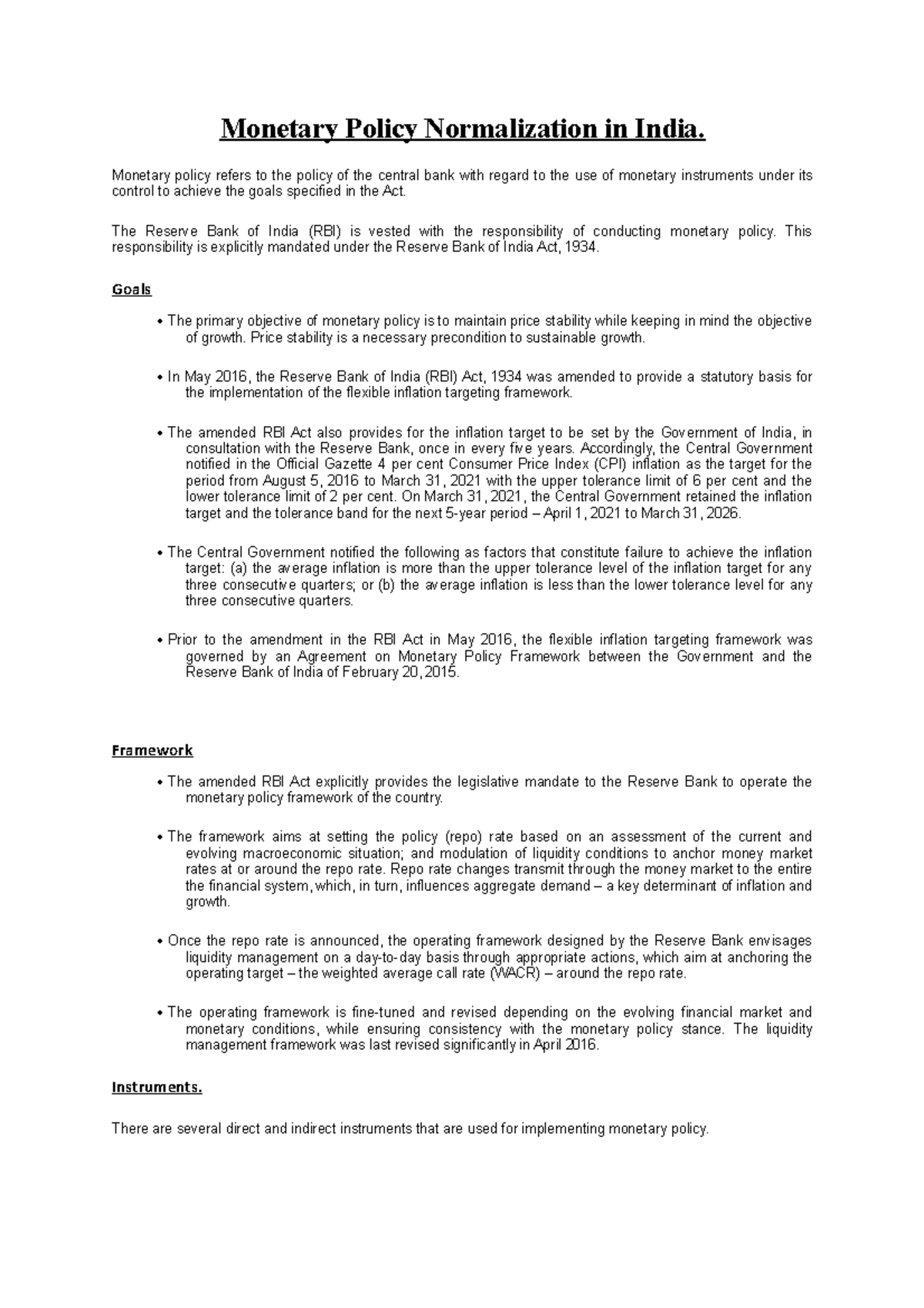 Economics report - Monetary Policy Normalization in India. Monetary ...
