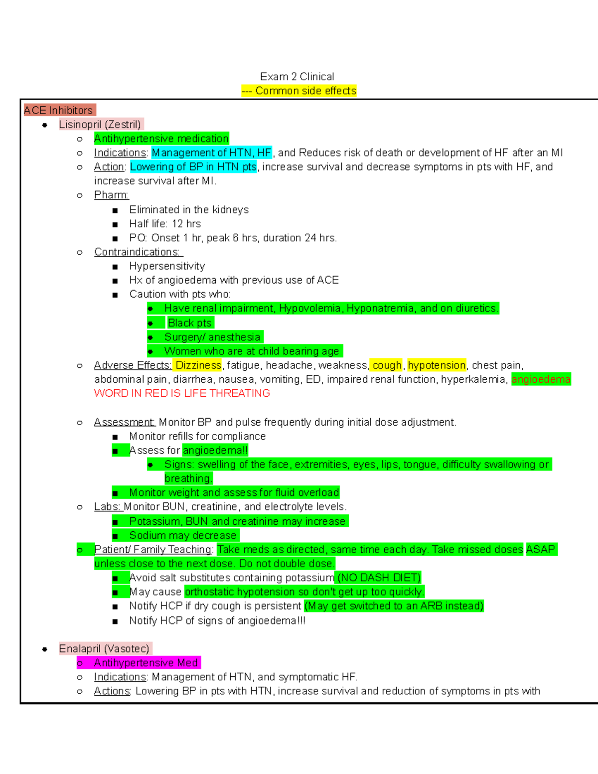 Exam 2 Clinical - study guide - Exam 2 Clinical - Common side effects ...