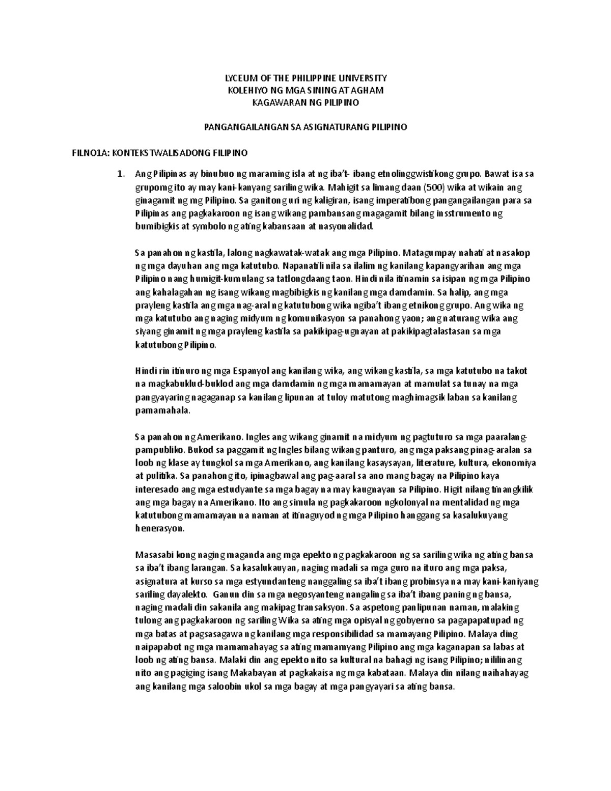 Filipino 1 - LYCEUM OF THE PHILIPPINE UNIVERSITY KOLEHIYO NG MGA SINING AT AGHAM KAGAWARAN NG ...