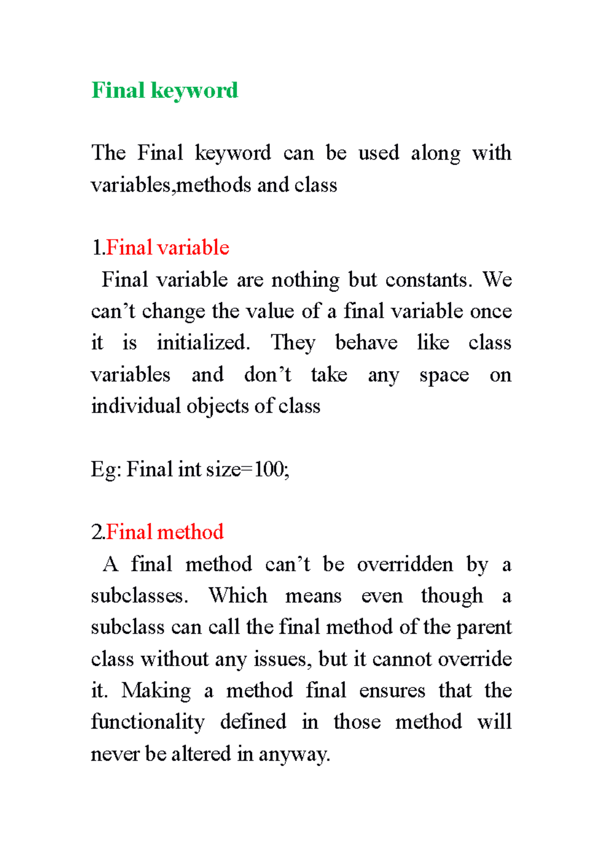 Final keyword - It’s a lecture note - Final keyword The Final keyword ...