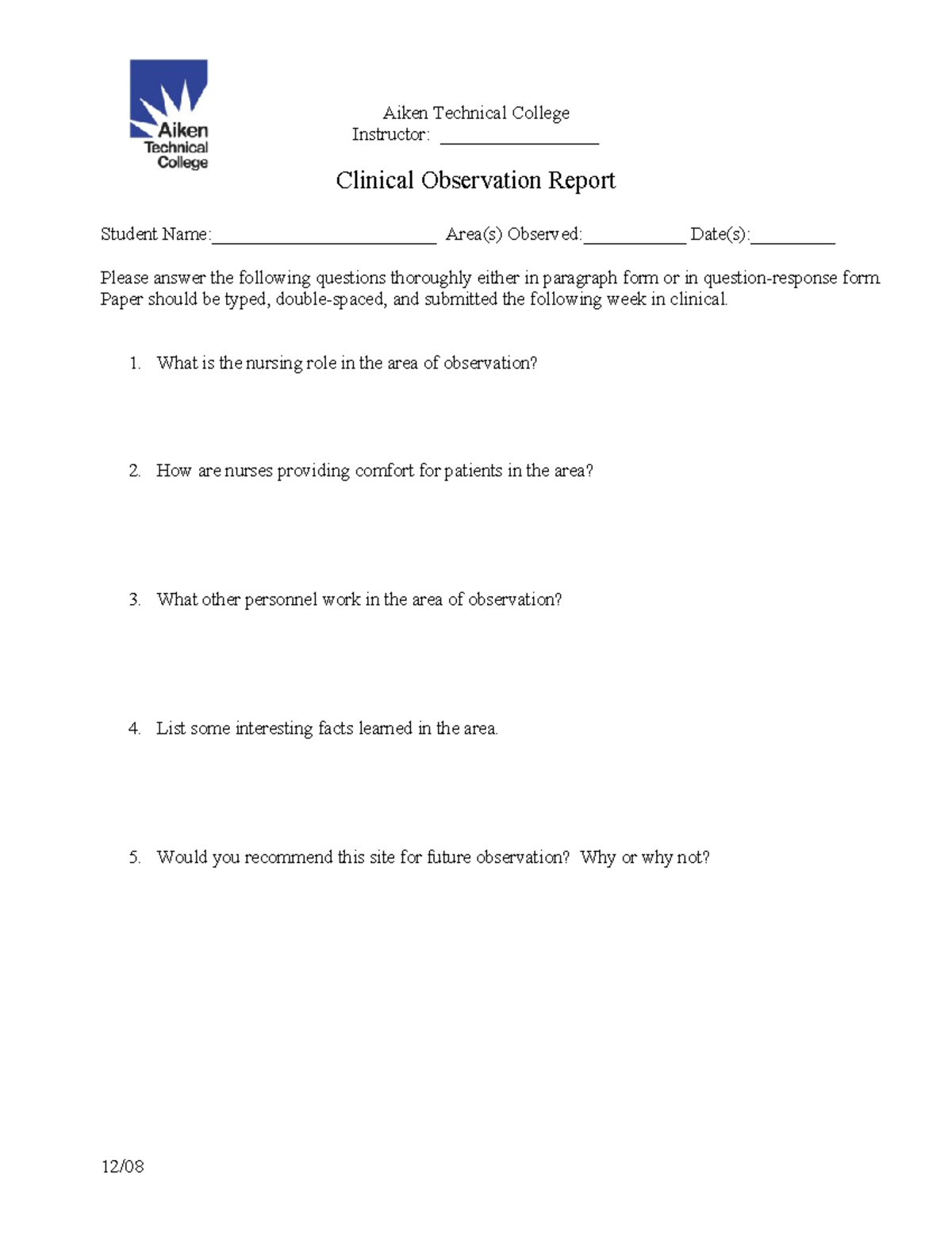 Form-Clin Obs Report 4 - Clinical observation - Aiken Technical College ...