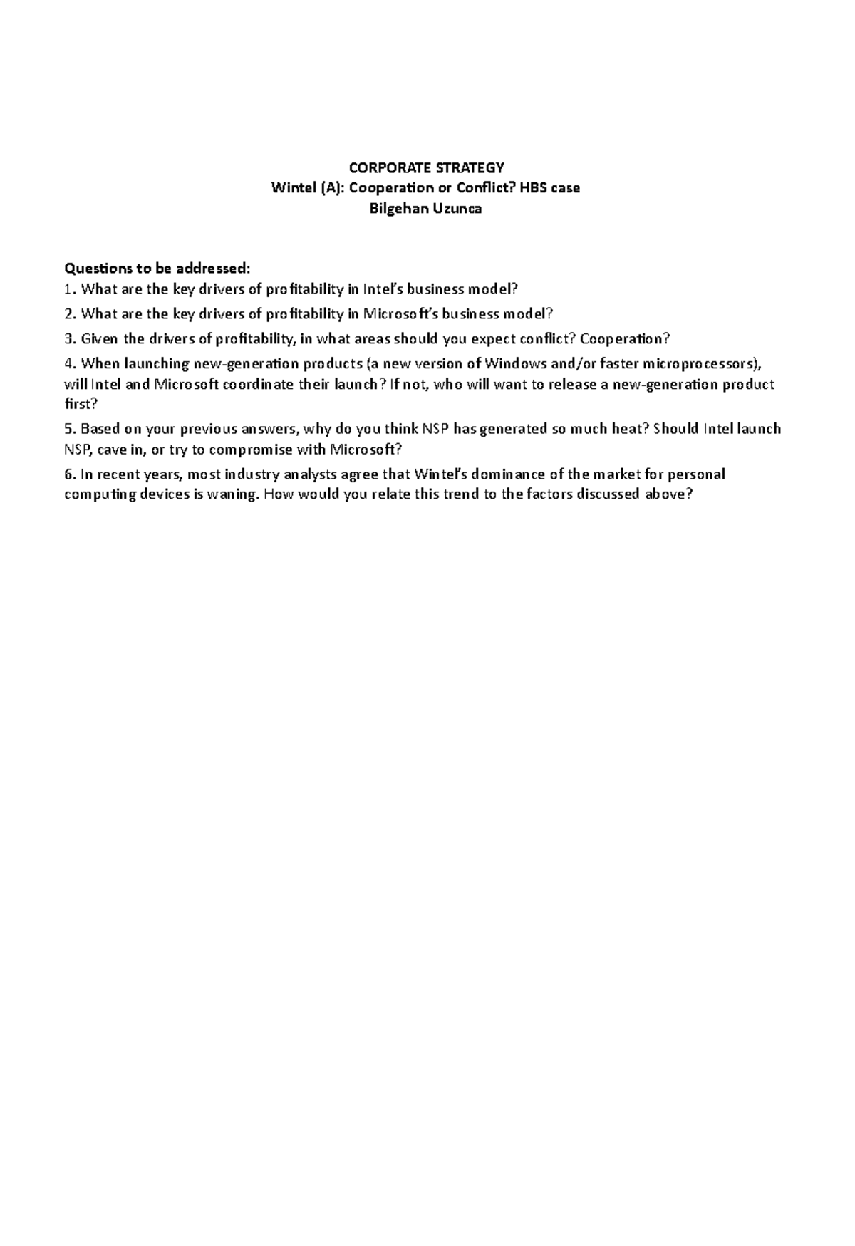 Wintel case instructions - CORPORATE STRATEGY Wintel (A): Cooperation ...