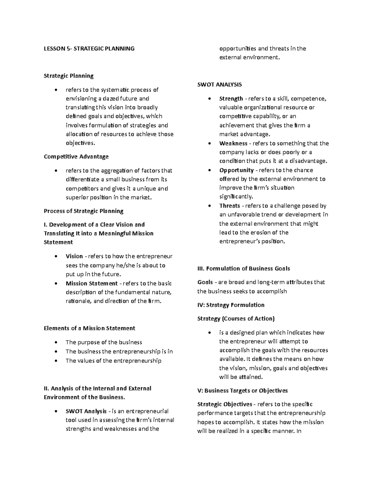 EM lesson 5 - entrep - LESSON 5- STRATEGIC PLANNING Strategic Planning ...