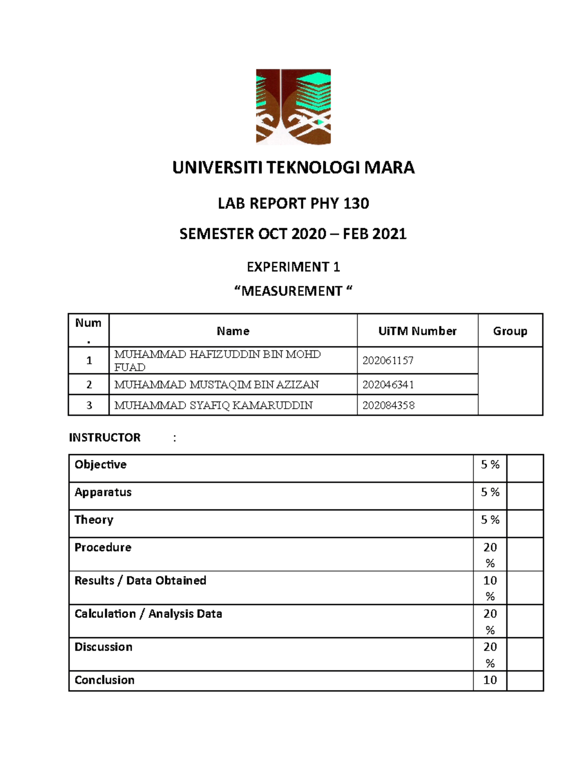 Experiment 1 PHY130new - UNIVERSITI TEKNOLOGI MARA LAB REPORT PHY 130 ...