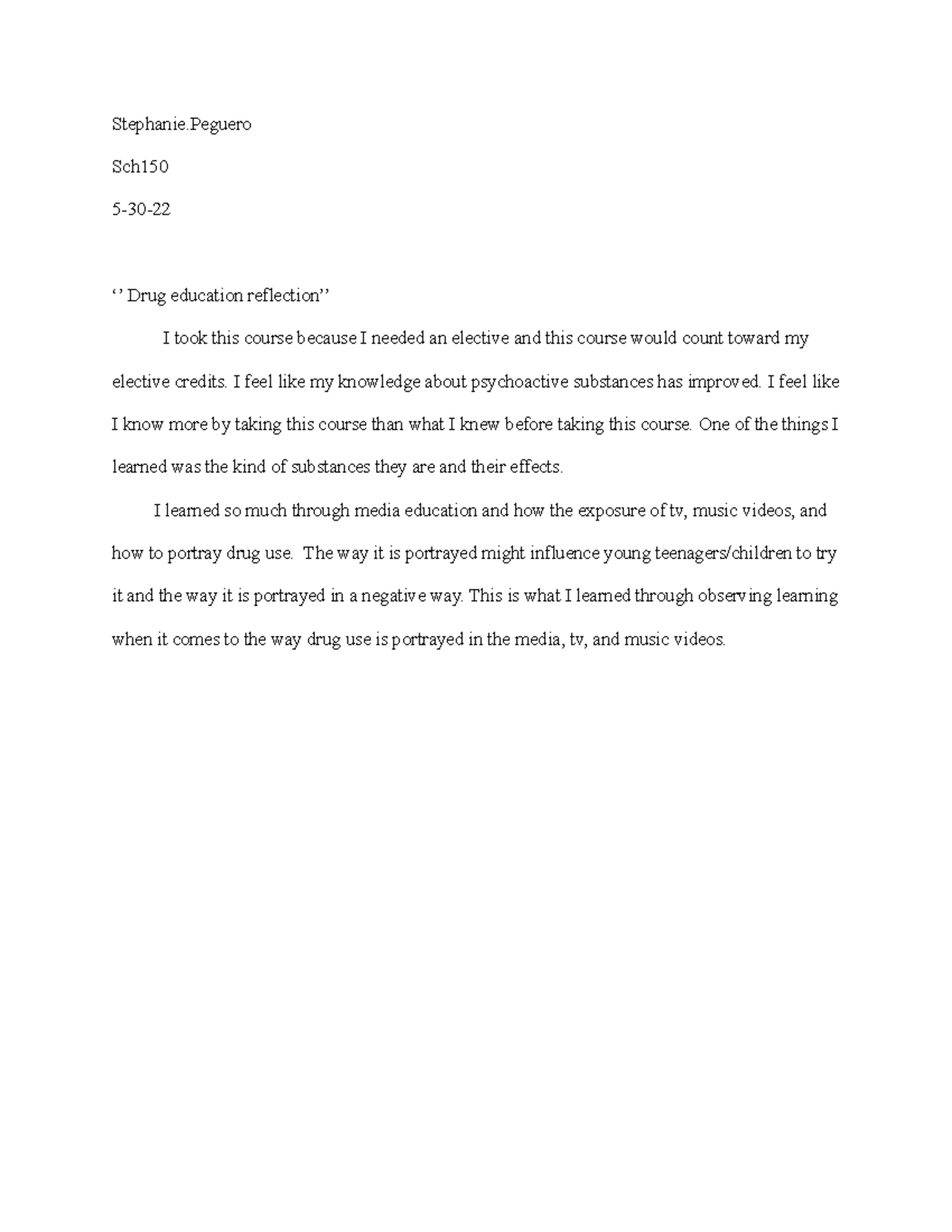 Stephanie peguero sch150 drug reflection - Stephanie Sch 5-30- 89 Drug ...