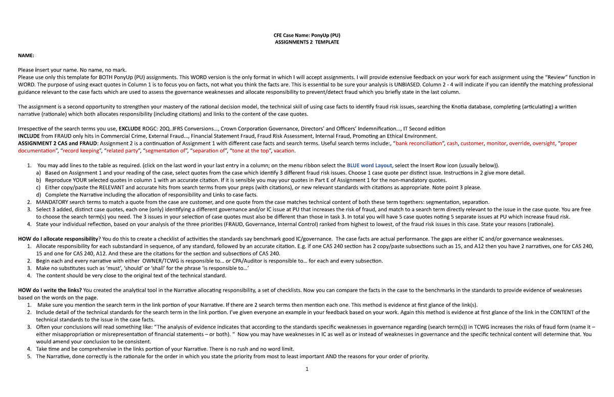 Assignment (MGMT) - CFE Case Name: PonyUp (PU) ASSIGNMENTS 2 TEMPLATE ...