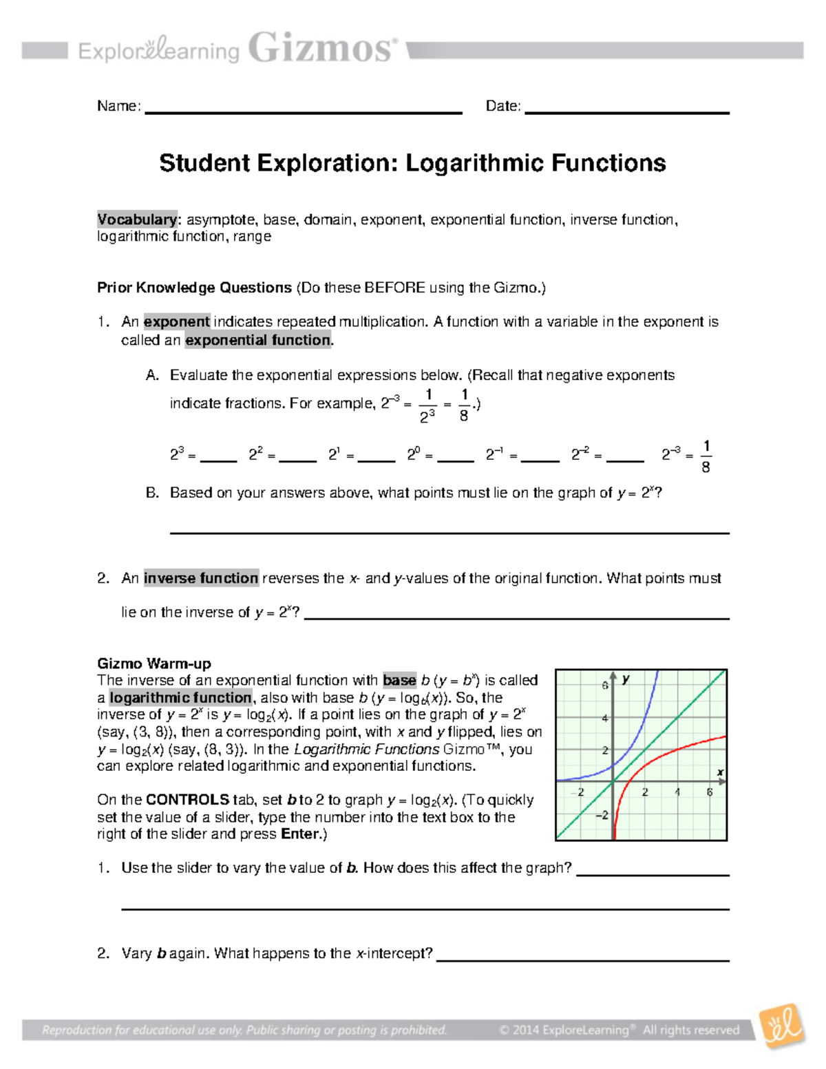 MHF4U-Unit3-Log Func SE - Name: Date: Student Exploration: Logarithmic ...