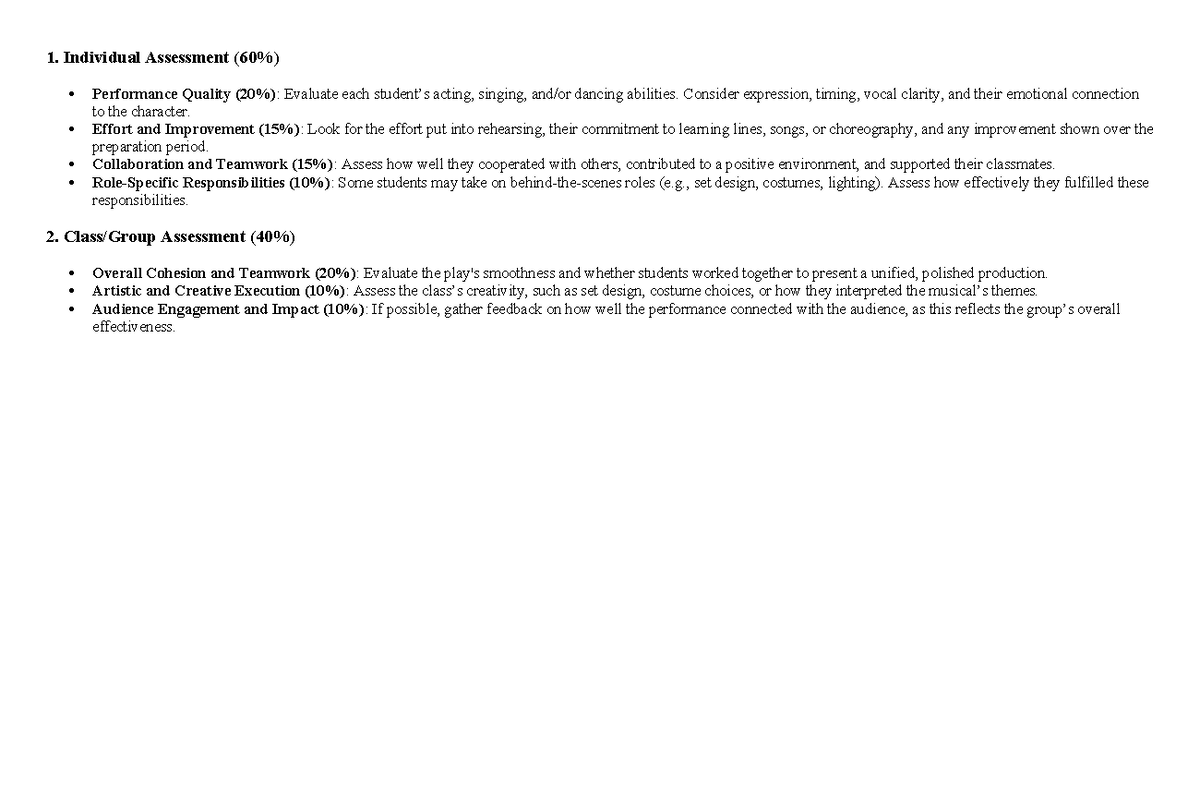 CW- Musical Play Grading - 1. Individual Assessment (60%) Performance ...