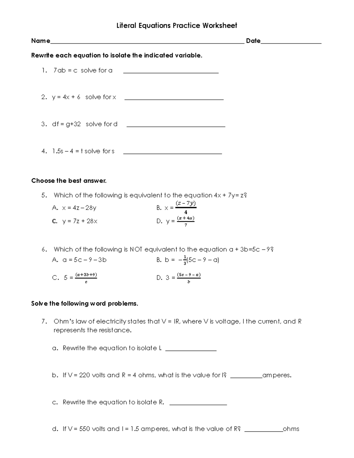 1.4 Literal Equations Ws - Literal Equations Practice Worksheet - Studocu