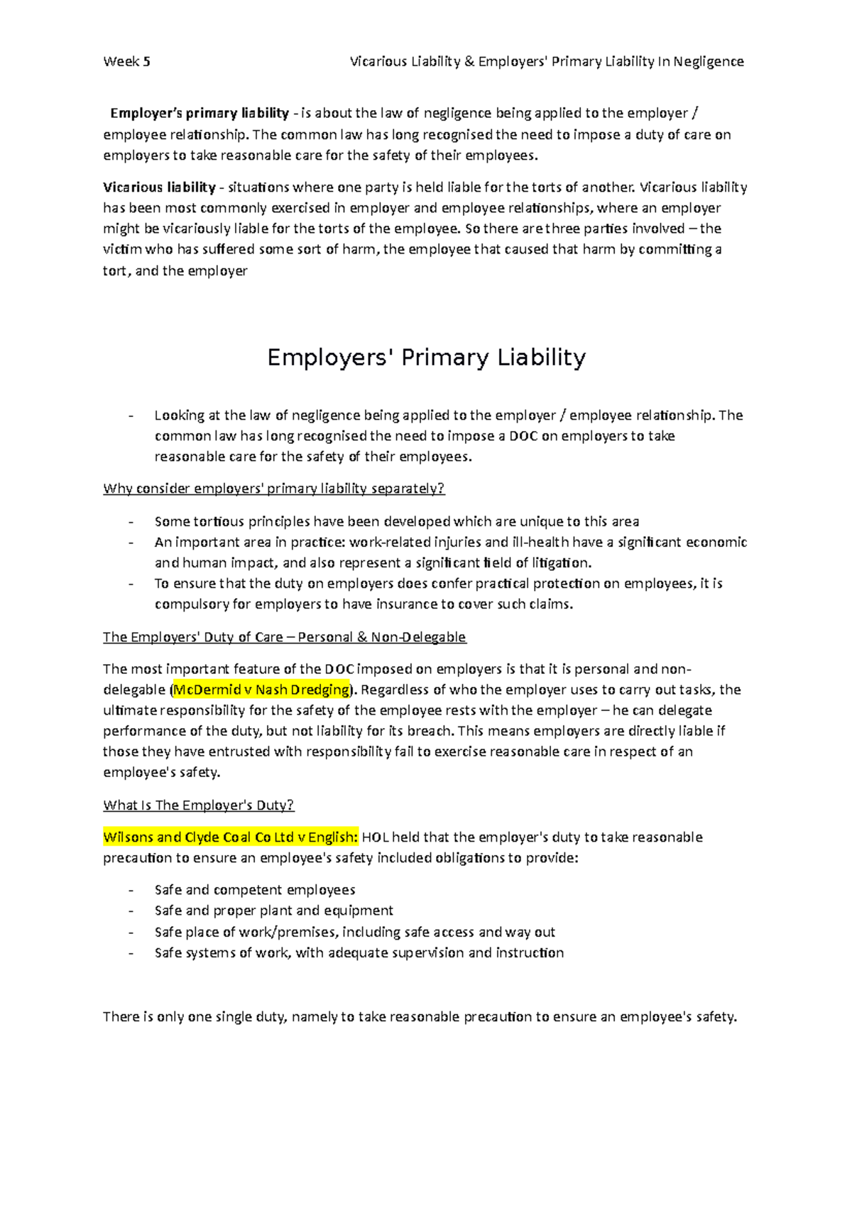 Vicarious Liability and Employers Primary Liability - Employer’s ...