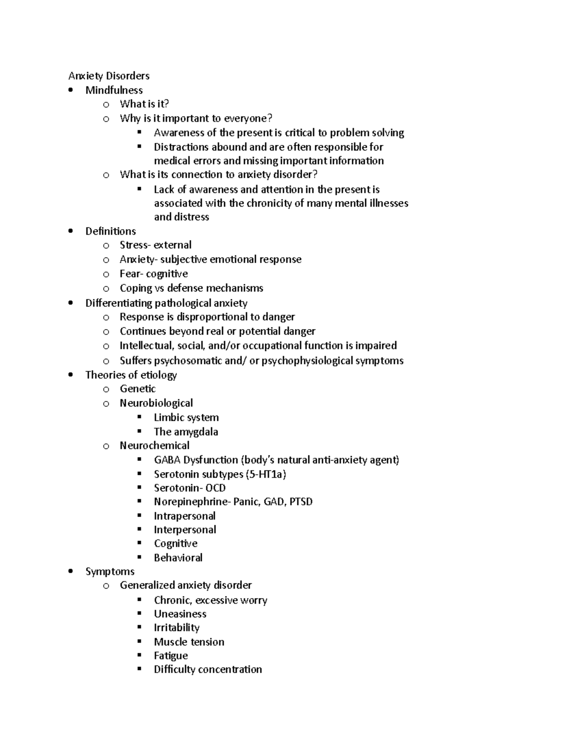 Anxiety Disorders - Lecture Notes - Anxiety Disorders Mindfulness o ...