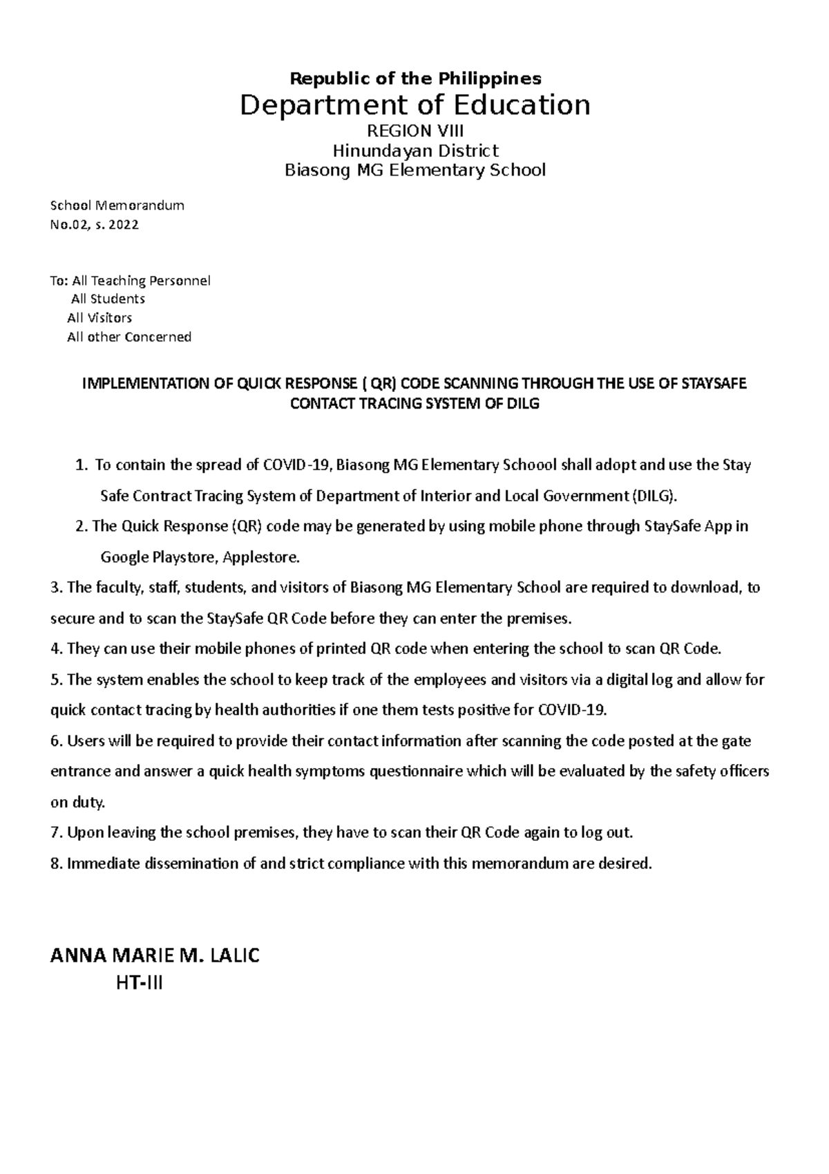 DILG School Memorandum - Department of Education REGION VIII Hinundayan ...