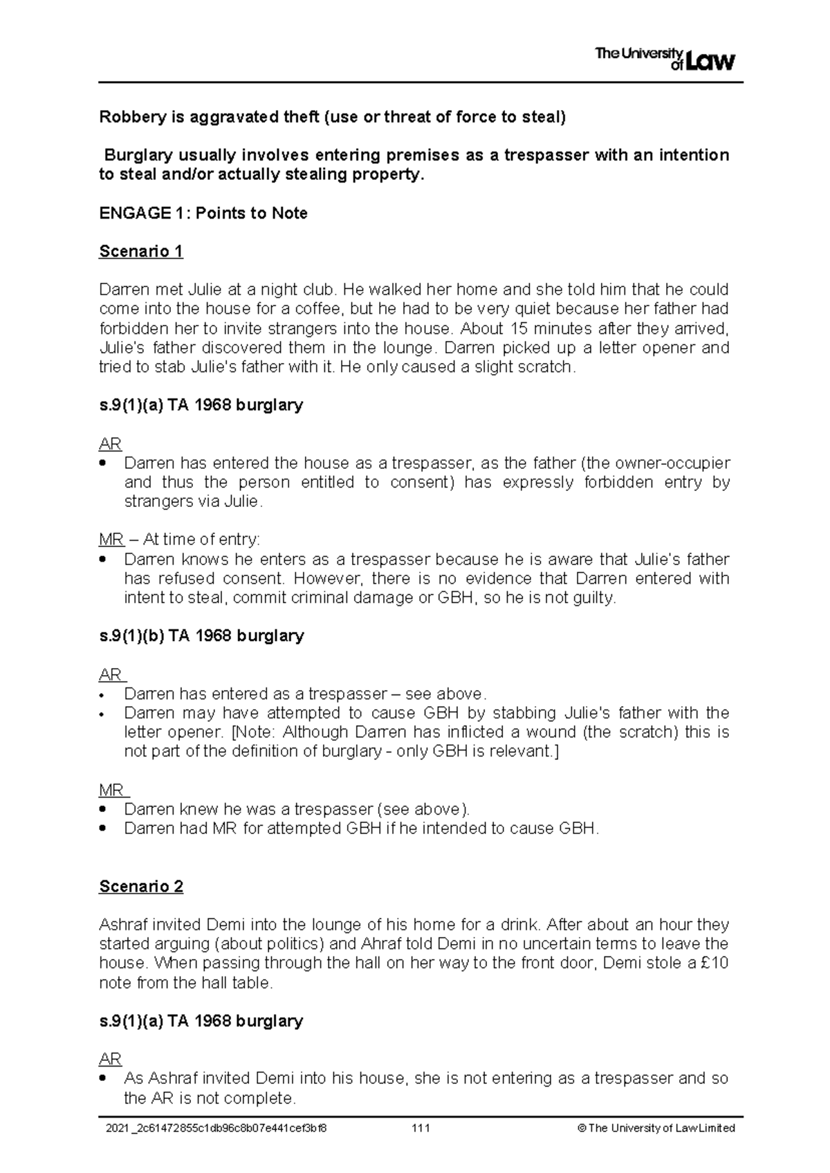 Burglary ENG - notes - Robbery is aggravated theft (use or threat of ...