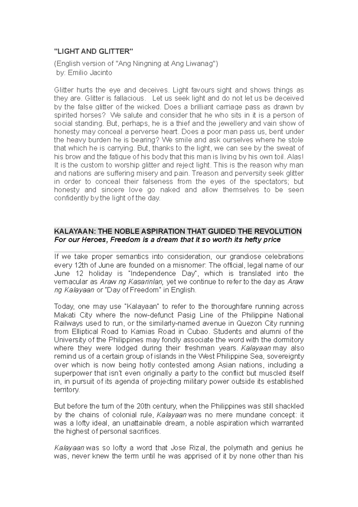 Ningning at liwanag, kalayaa, sanaysay - "LIGHT AND GLITTER" (English ...